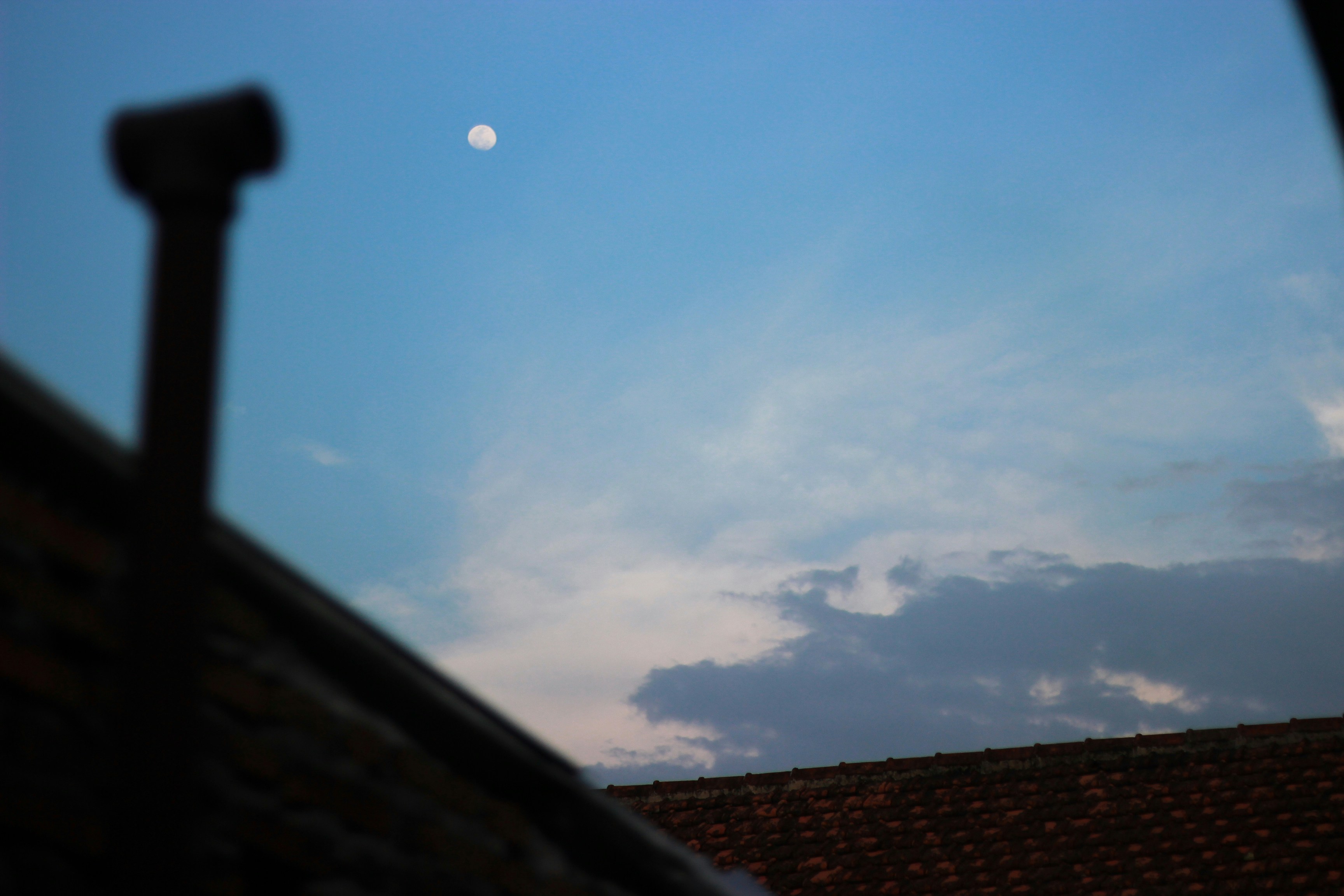 Silhouette of a rooftop against a twilight sky with the moon visible above.