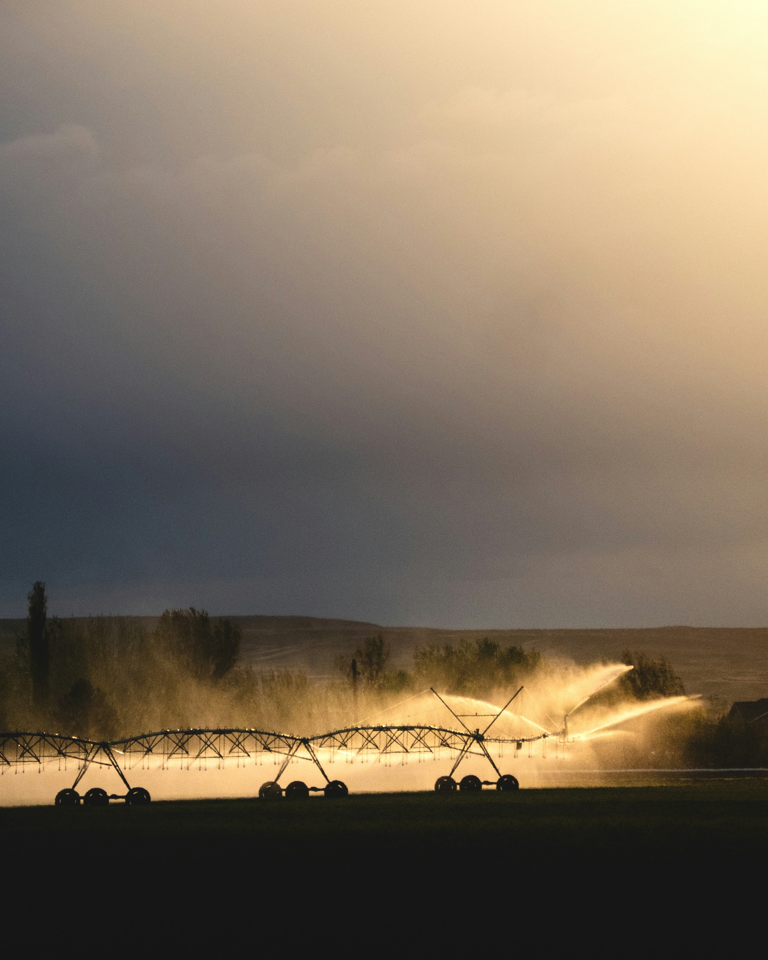 Irrigation system casting sprays of water under a golden sunset sky.