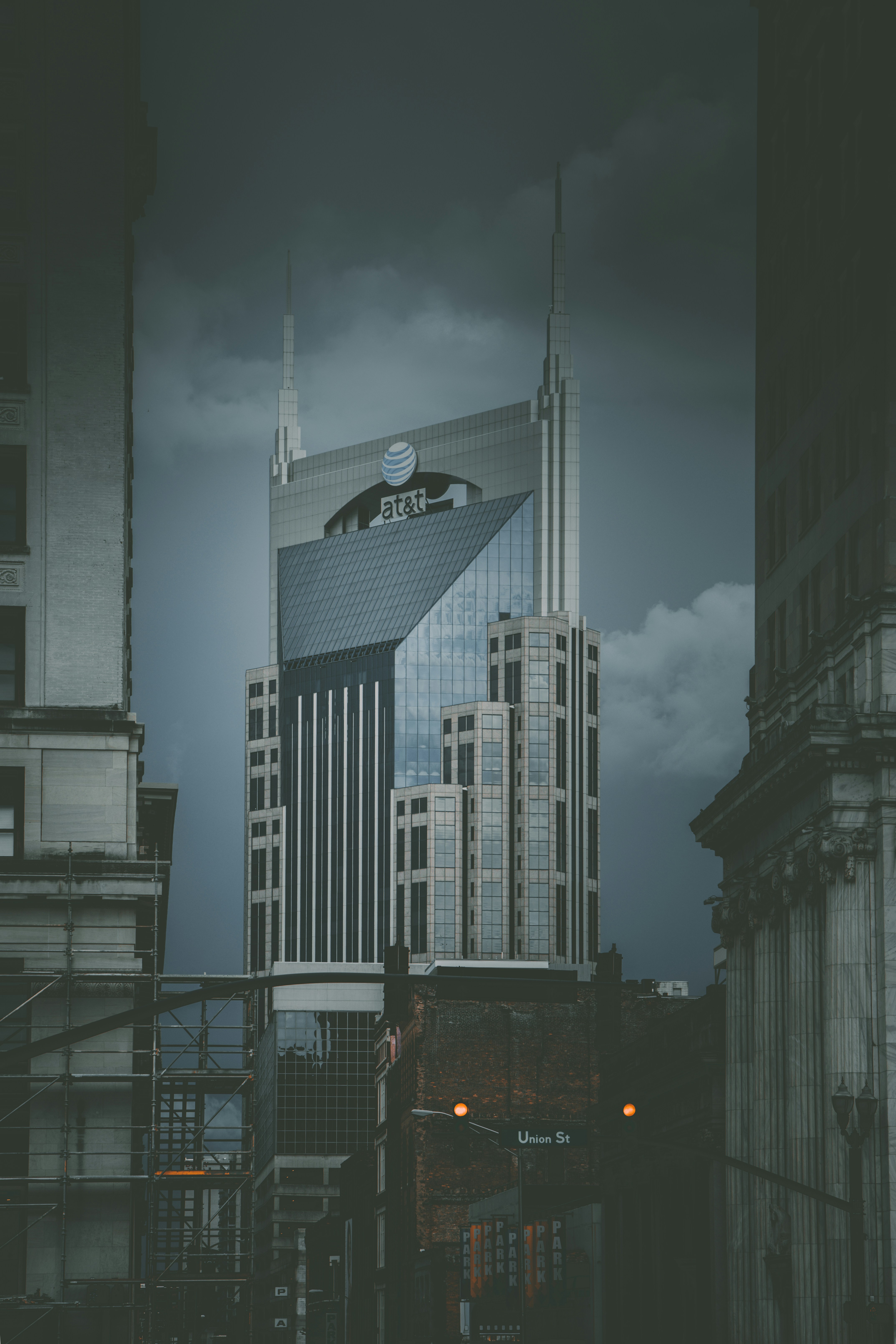 Vertical Majesty: The Batman Building Rising Over a Narrow Downtown Street
