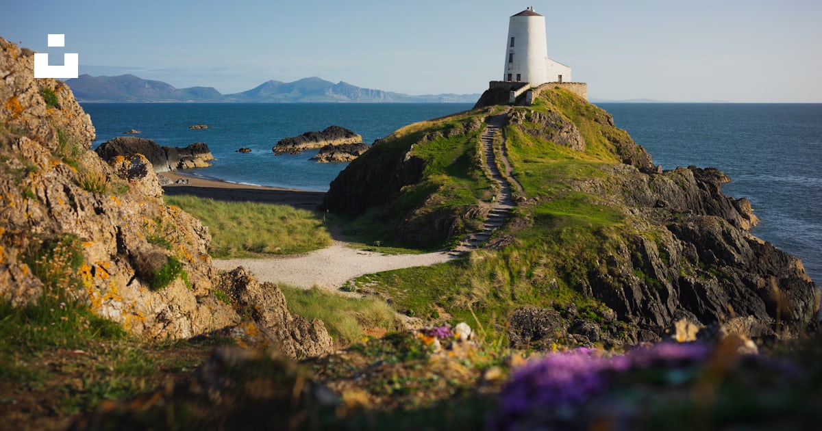 낮 동안 수역 근처의 푸른 잔디밭에 있는 하얀 등대 사진 Unsplash의 무료 Ynys Llanddwyn 이미지