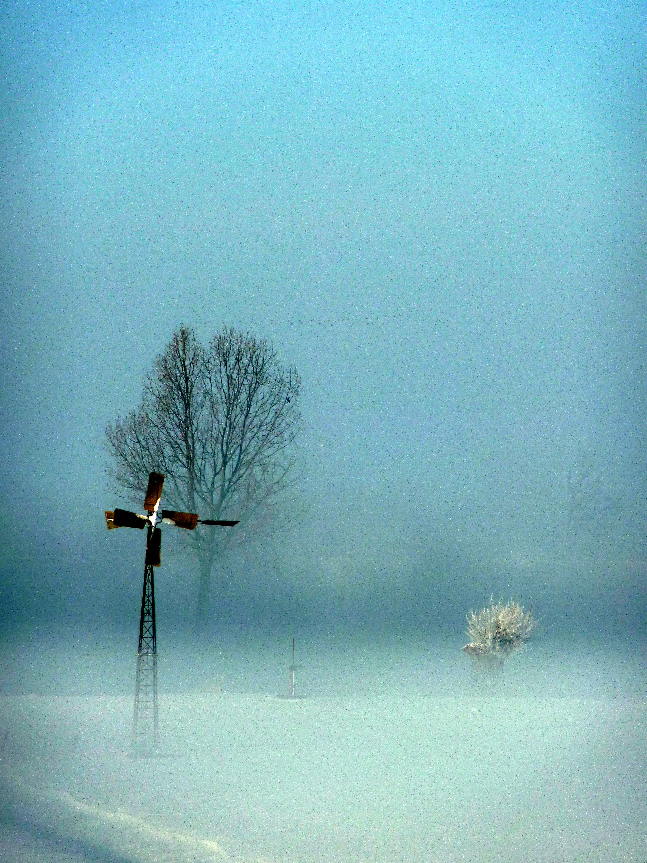 A frost-silvered landscape with a weathered windmill silhouette and distant trees shrouded in fog, hinting at quiet winter morning activity.