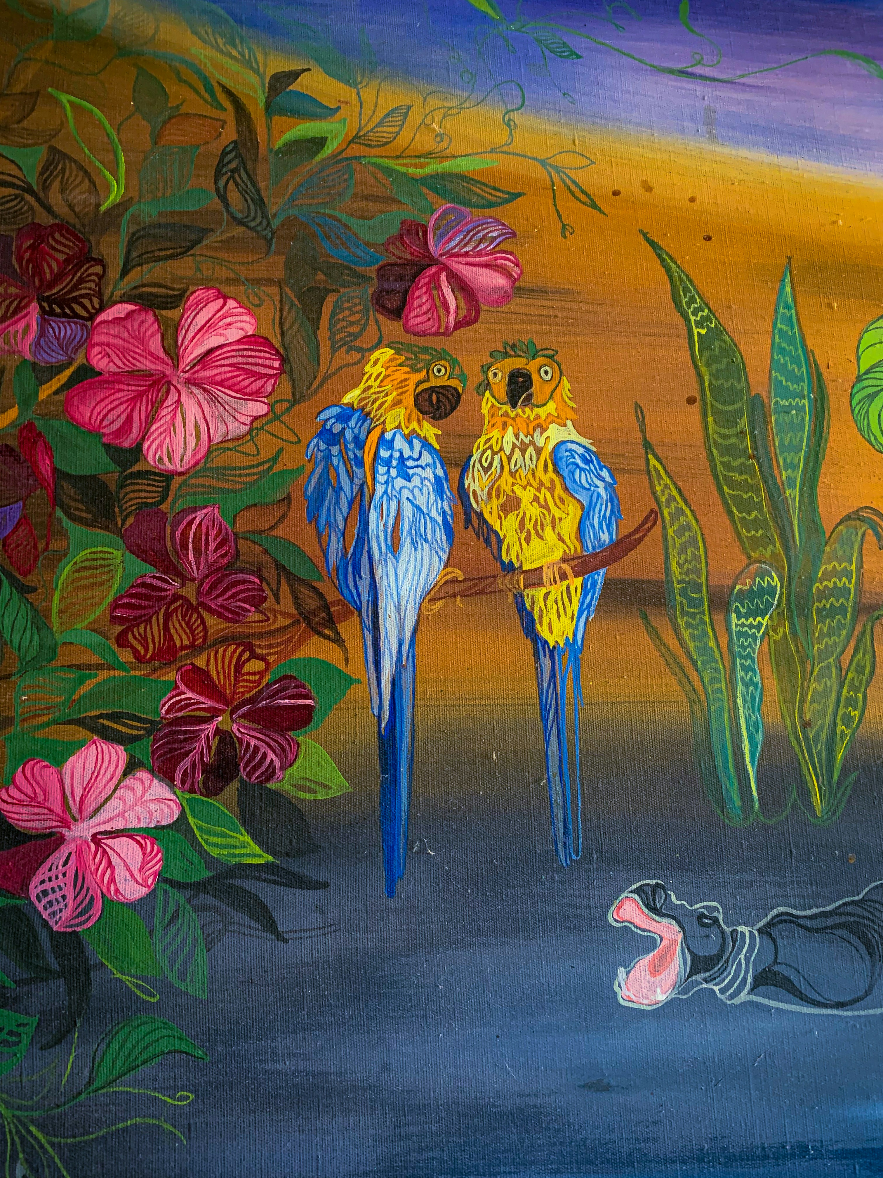 Parrot Pair on a Sunset-Gradient Tropical Mural