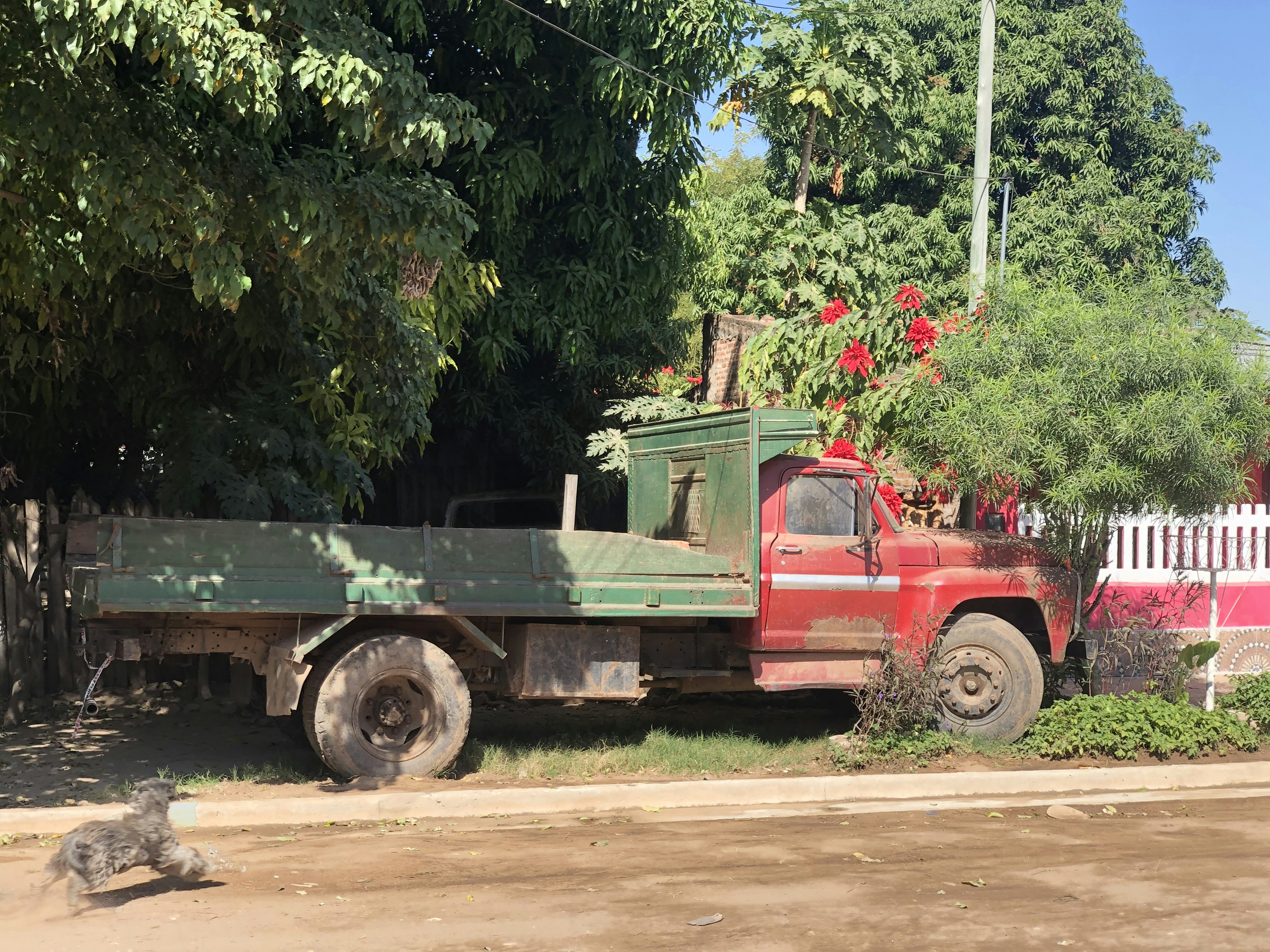 Rusty red truck guard at the edge of a sunlit street