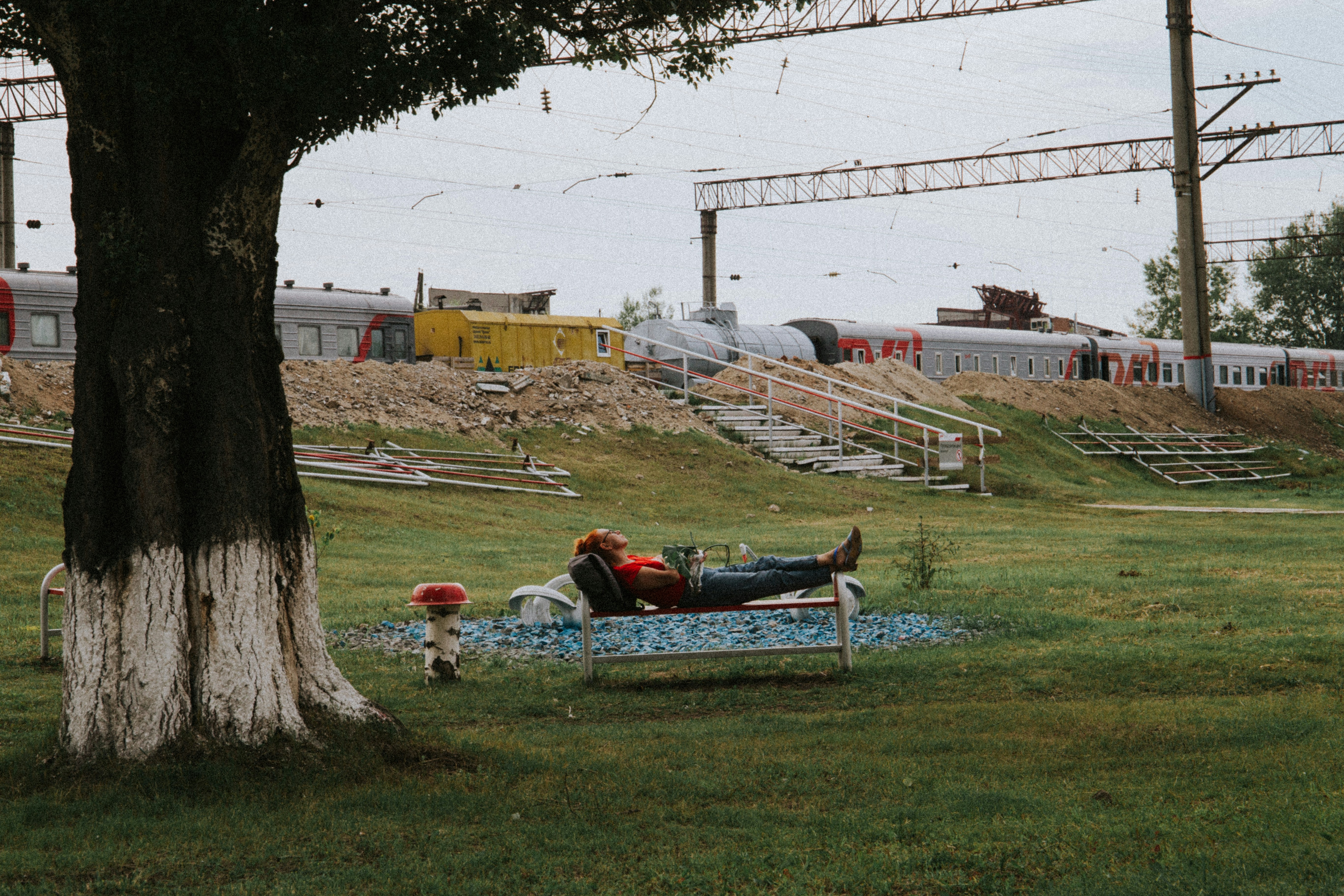 Rusted Rails, Quiet Grass: A Man Reposes Beneath a Tree
