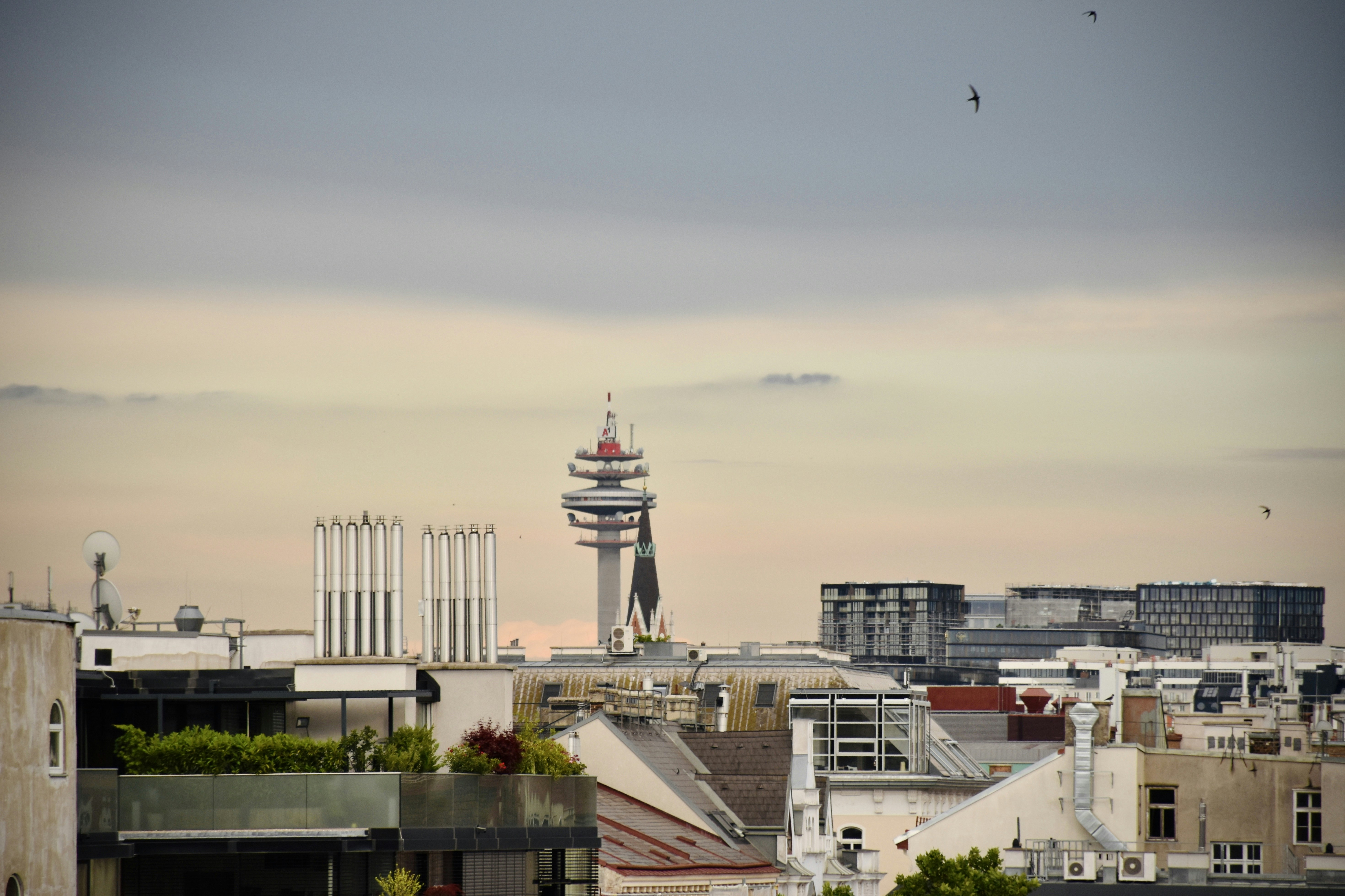 Dusk Over the Rooftops: The Red-Tipped Spire Rising Above the City