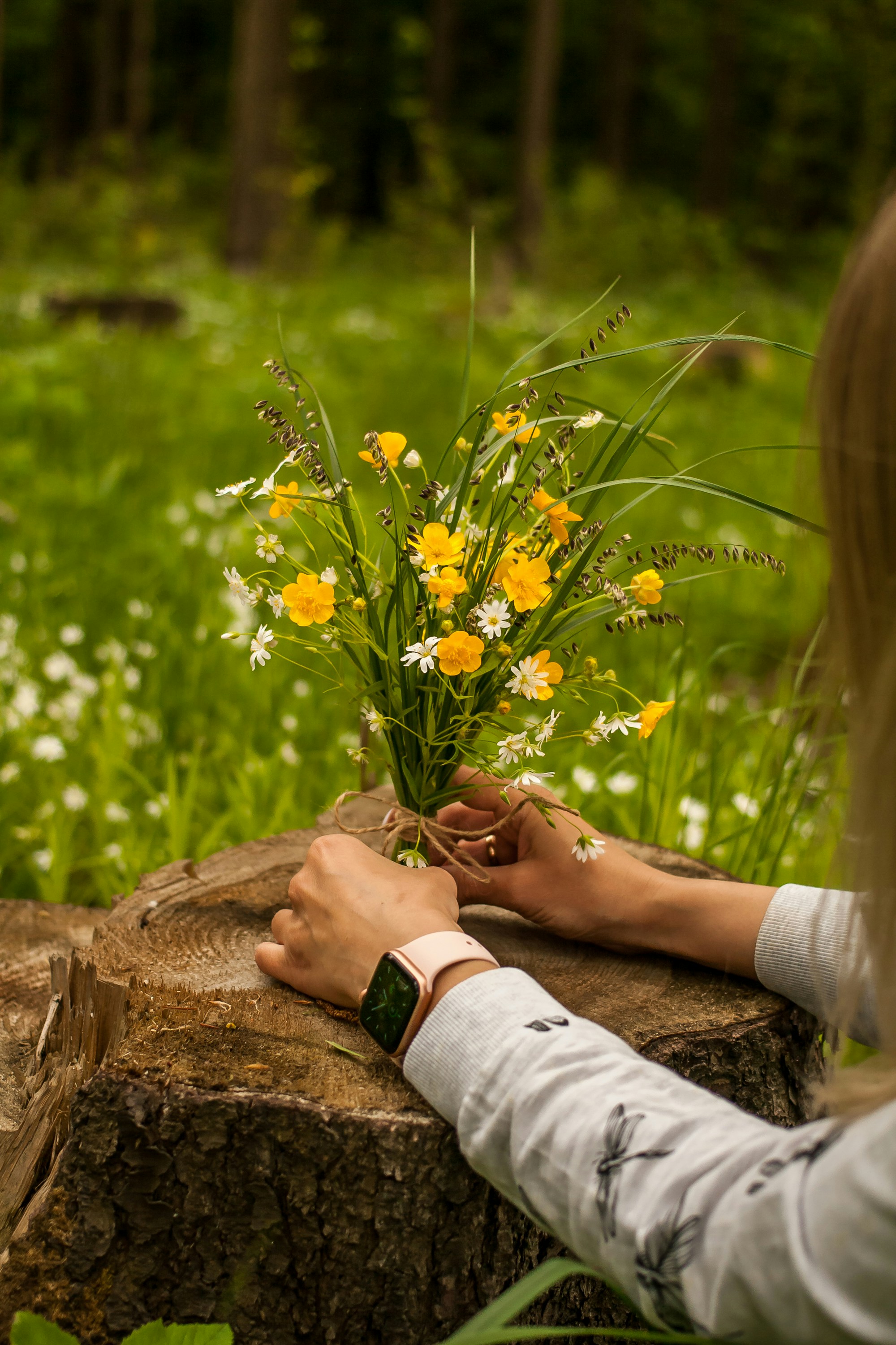 A Handful of Wildflowers Resting on a Tree Stump