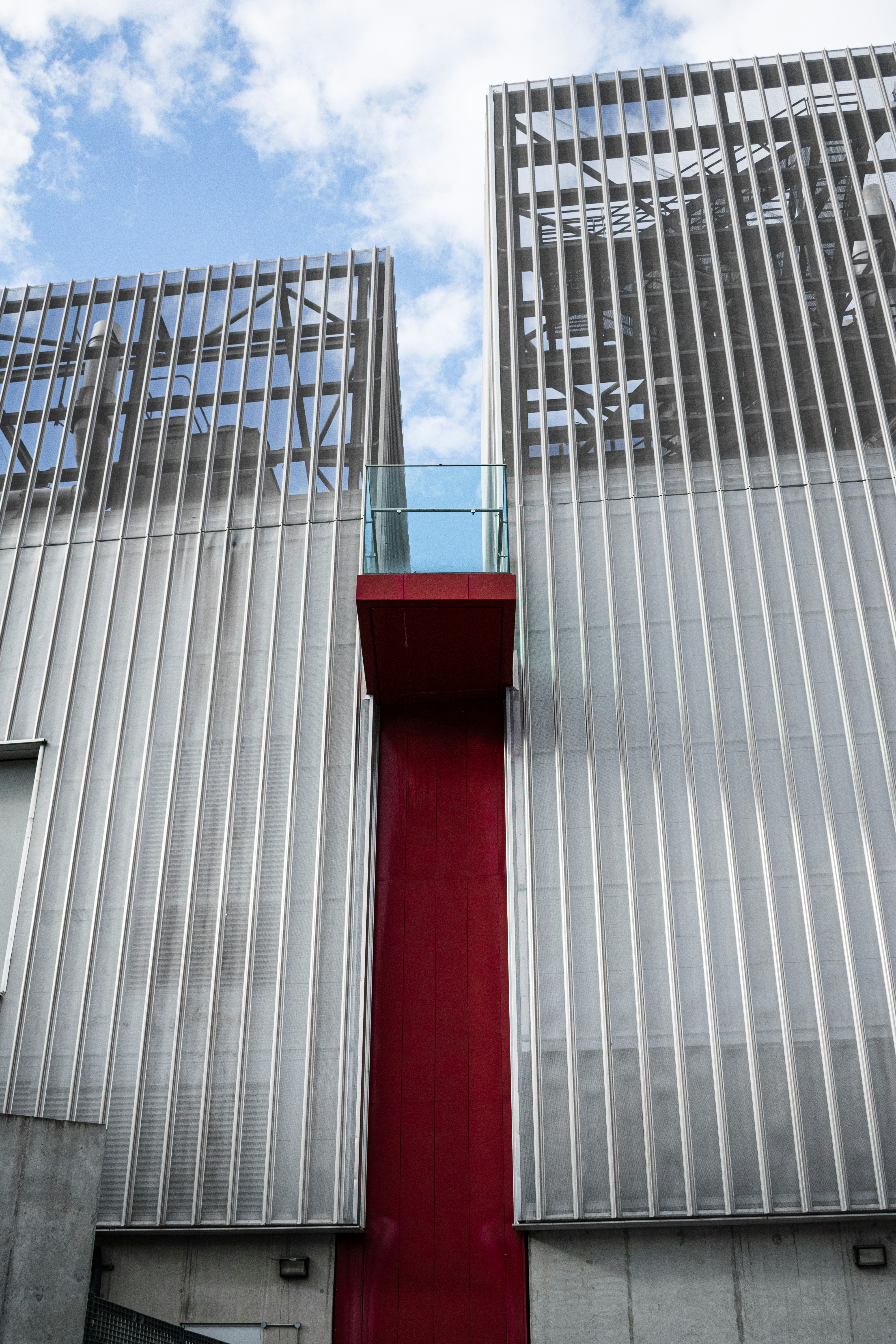 Crimson Spine Between Glass Veins of a Modern Facade