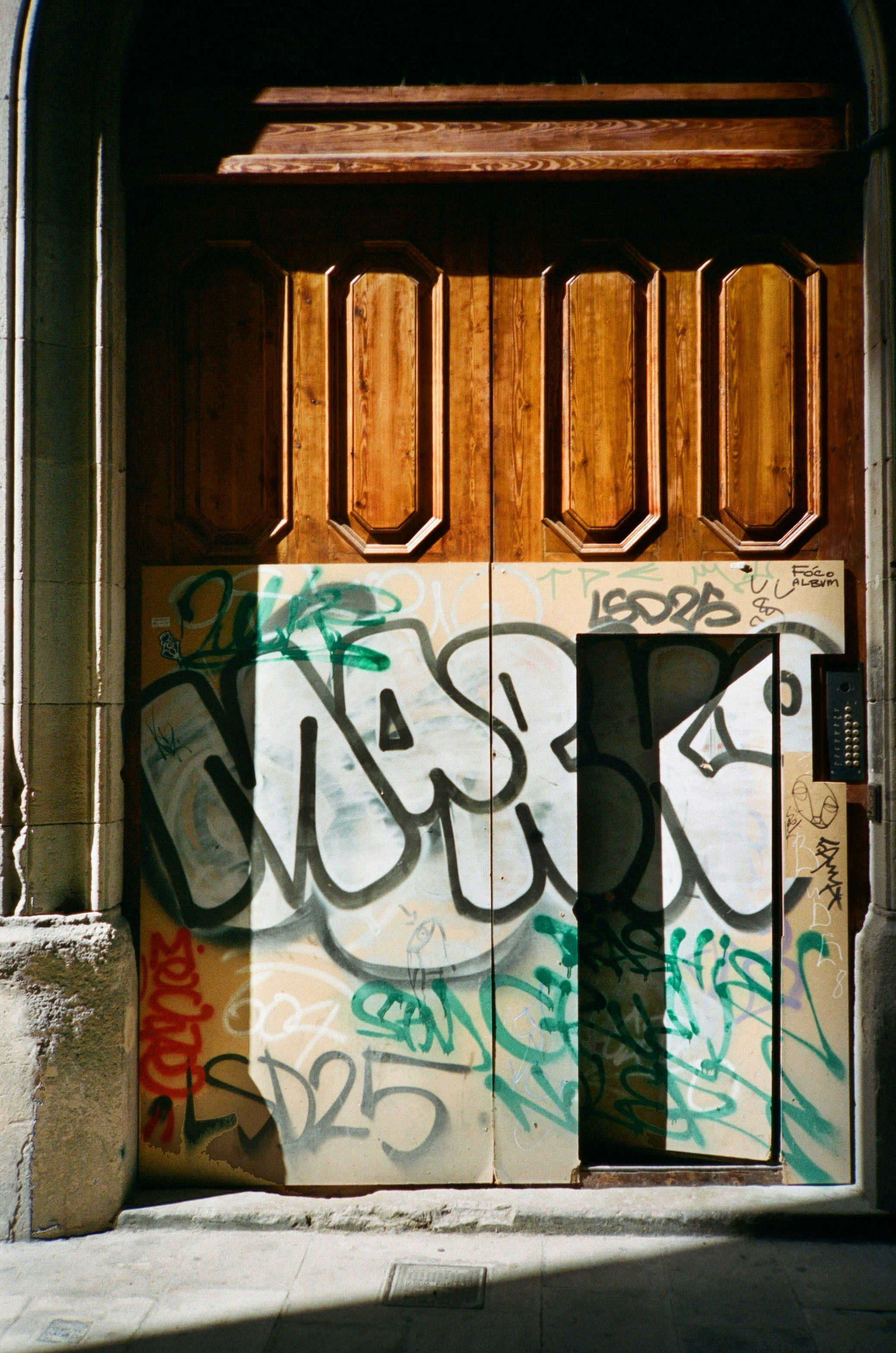 Wooden door adorned with vibrant graffiti, showcasing a clash of textures and urban art. The interplay of light and shadow highlights the intricate details of the door and the bold colors of the graffiti.