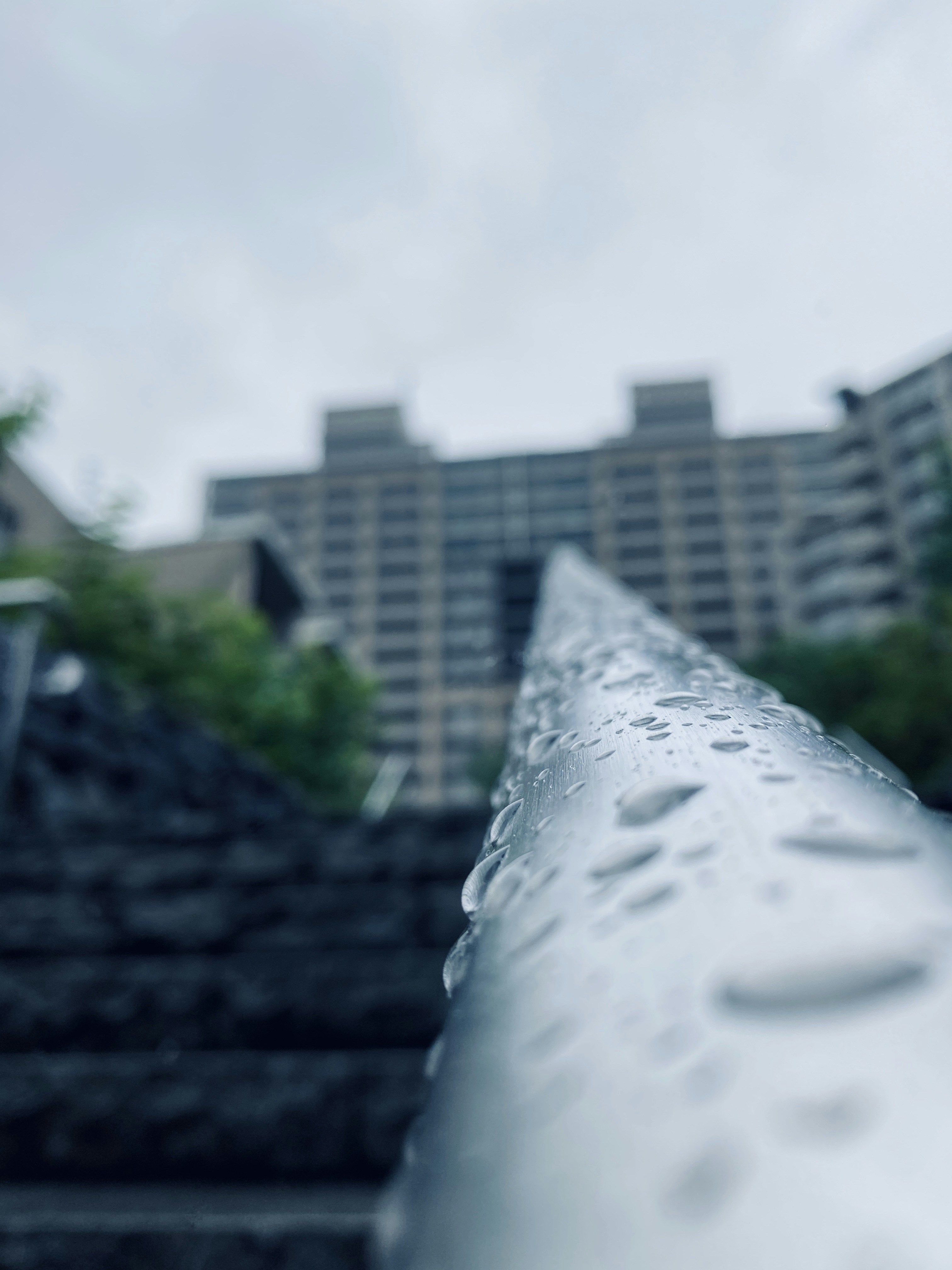 Rain-kissed rail: a converging view along a glistening handrail
