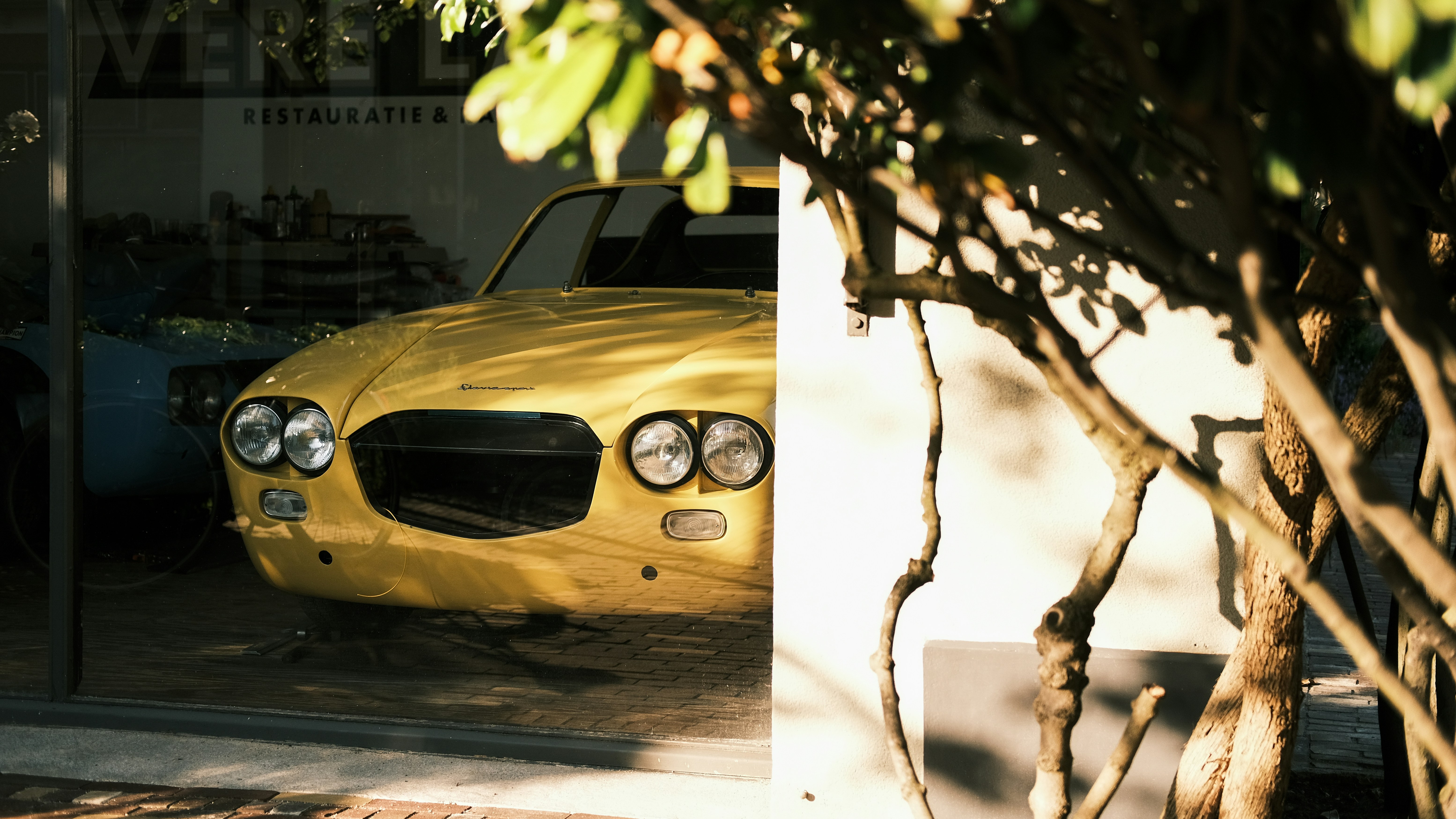 Sunlit Yellow Classic Car Framed by Glass and Branches