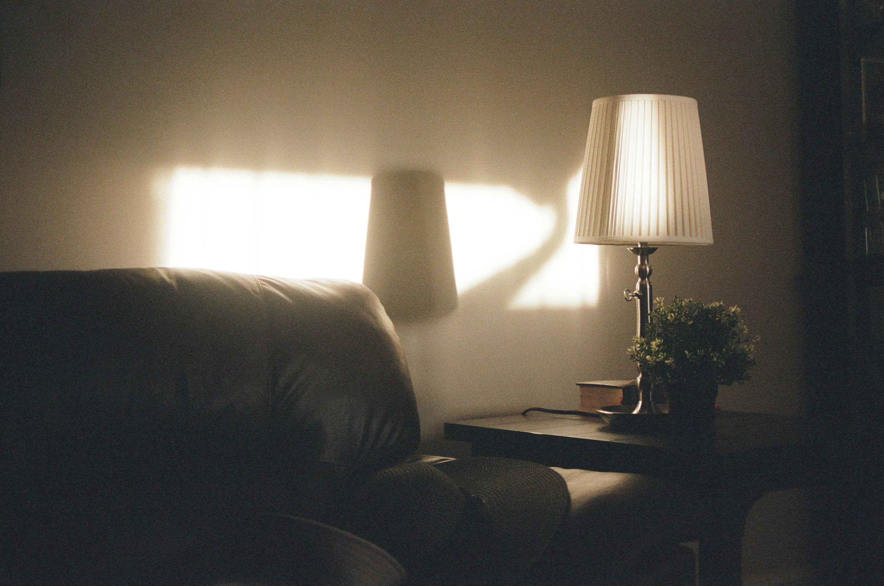 Soft light illuminates a white table lamp casting a shadow on a wall, beside a dark leather couch and a small plant on a wooden table.