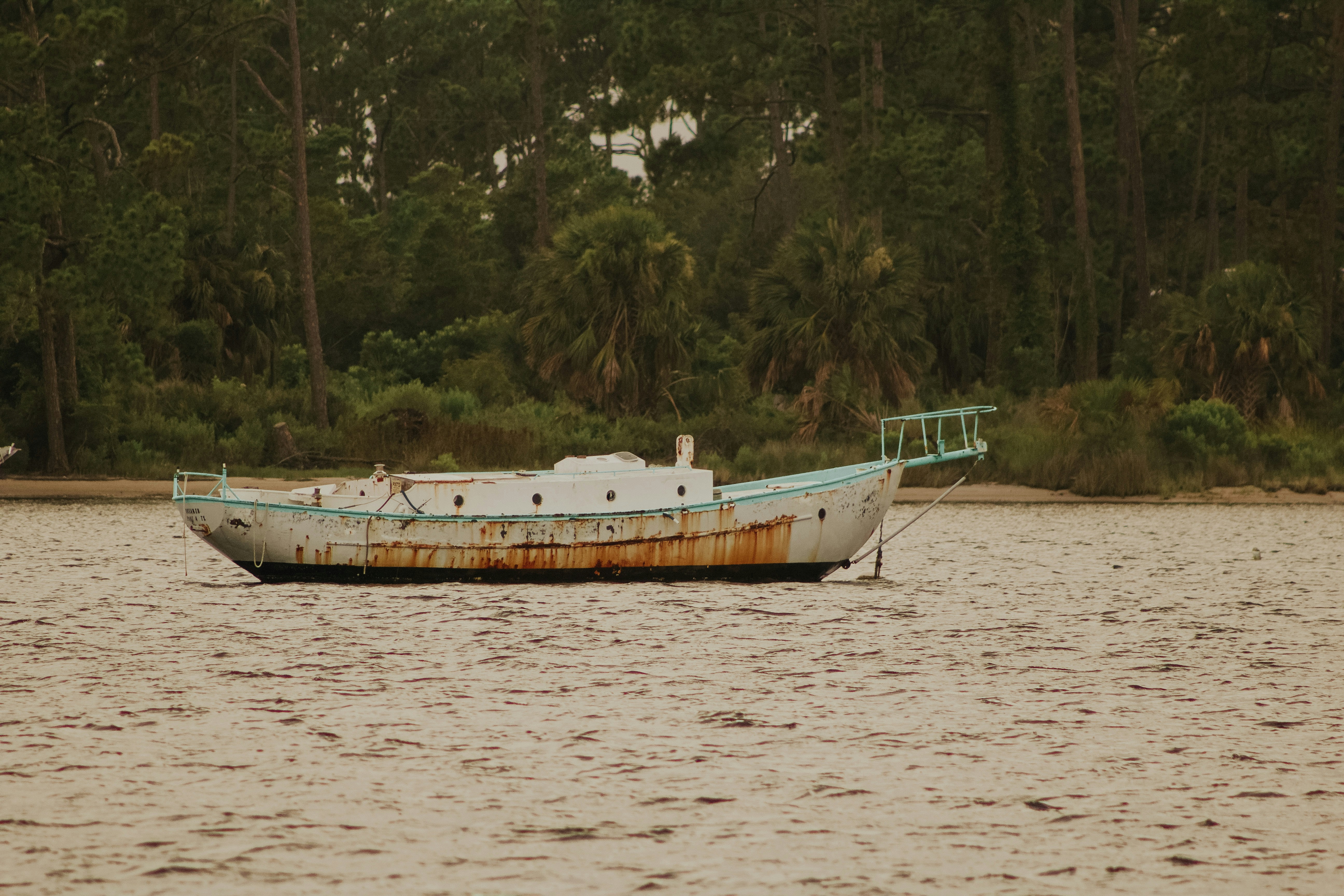An abandoned boat rests serenely on the water, surrounded by lush greenery and reflected light. The boat's weathered hull tells a story of time and neglect.