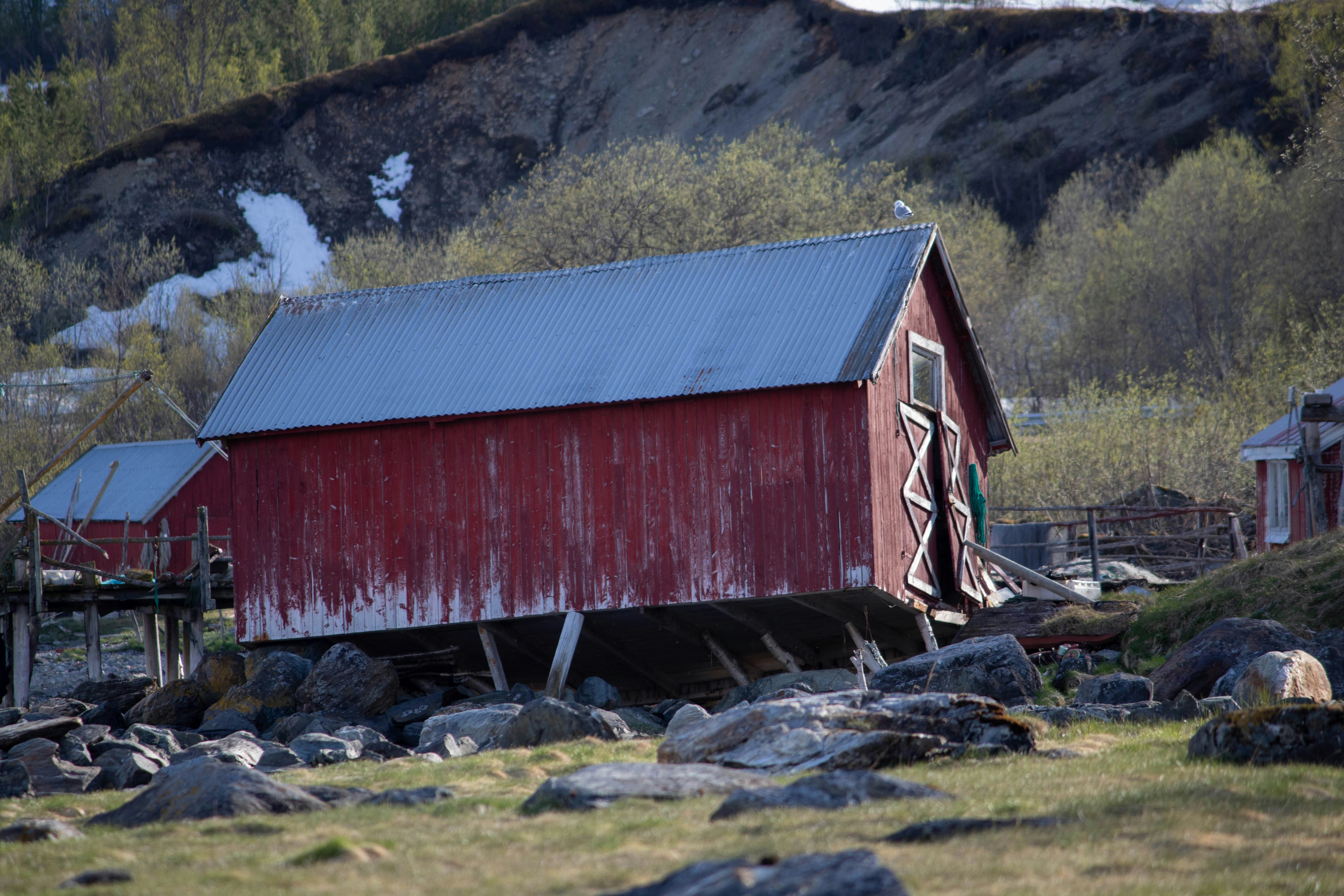 A weathered red cabin tilts precariously on rocky terrain, surrounded by lush greenery and distant hills. The scene captures the essence of rural resilience.