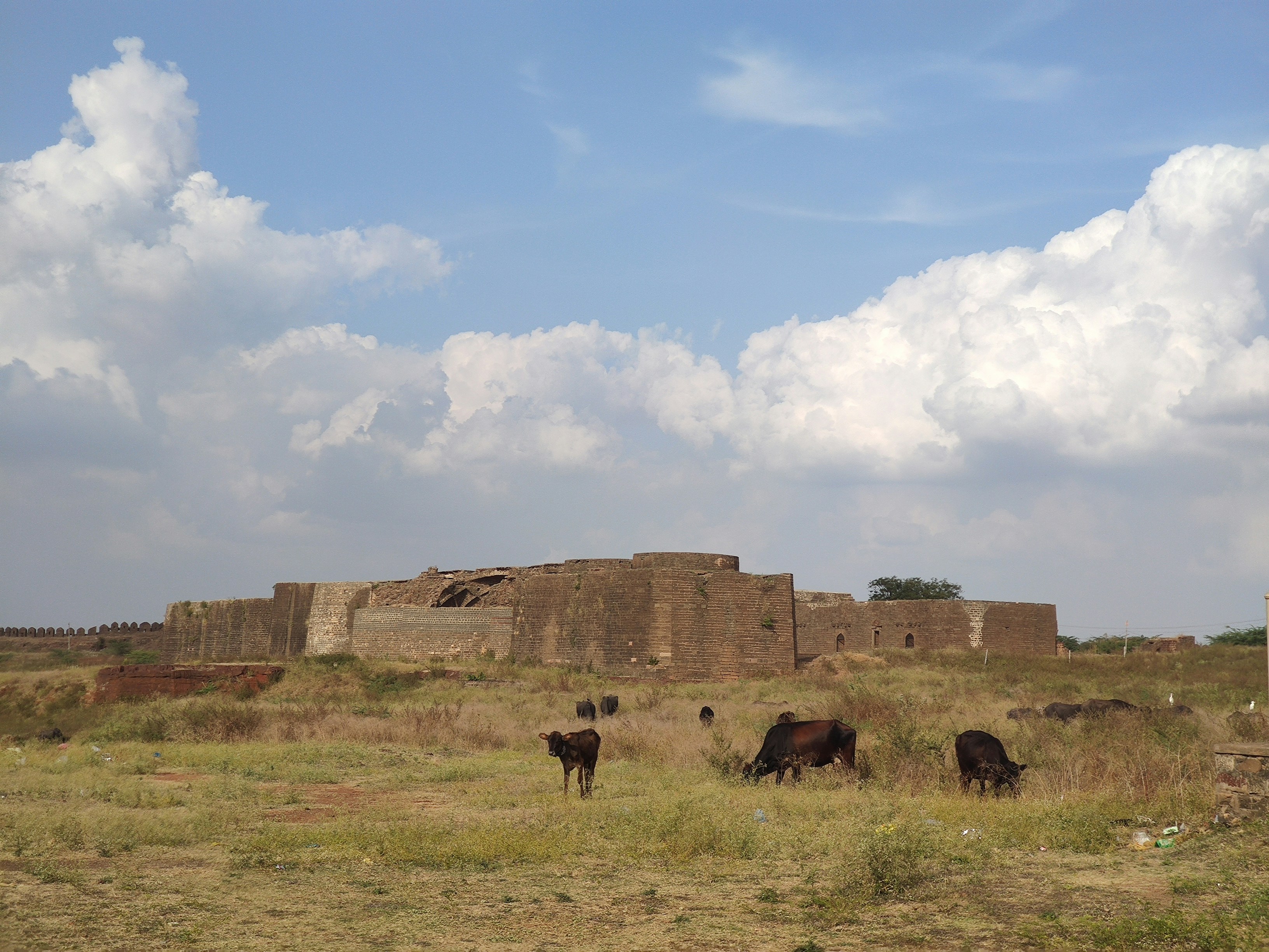 Historic stone fort surrounded by open grassland with grazing animals beneath a partly cloudy sky.
