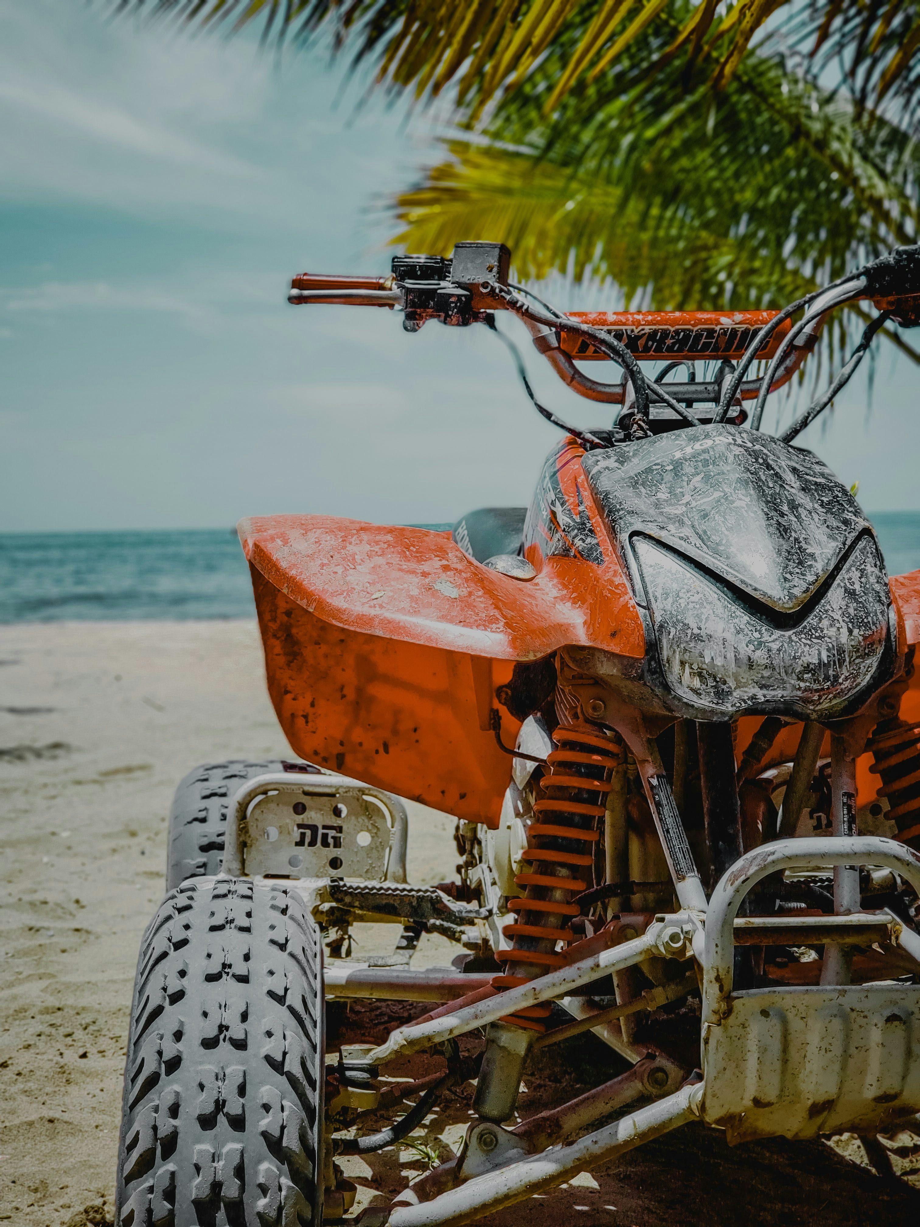 An all-terrain vehicle rests on a sandy beach with ocean waves in the background, surrounded by palm fronds. The vehicle's muddy appearance suggests recent adventures.