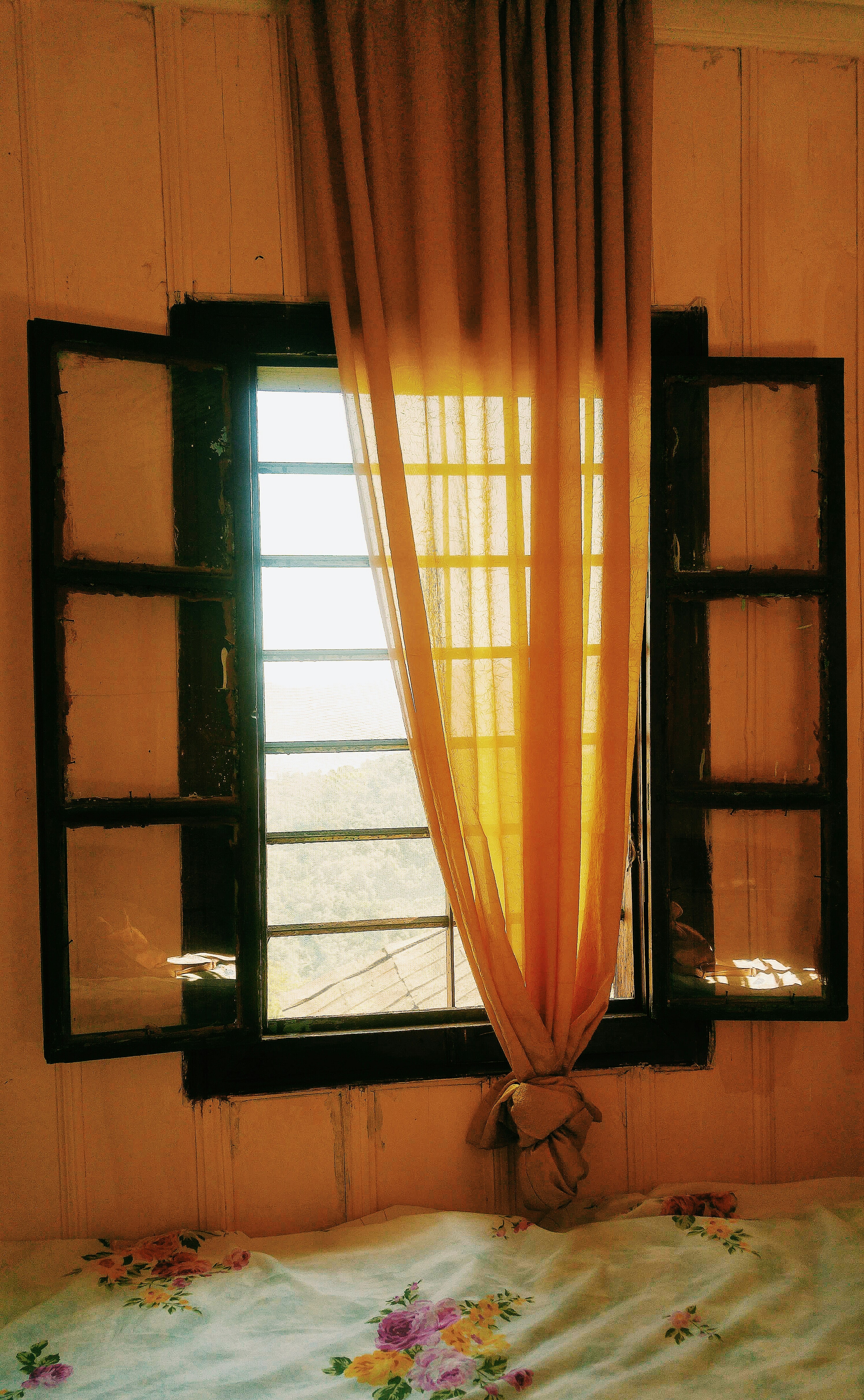 Warm sunlight filtering through a partially open window adorned with flowing curtains, revealing a serene outdoor view. The scene conveys a sense of tranquility and comfort.
