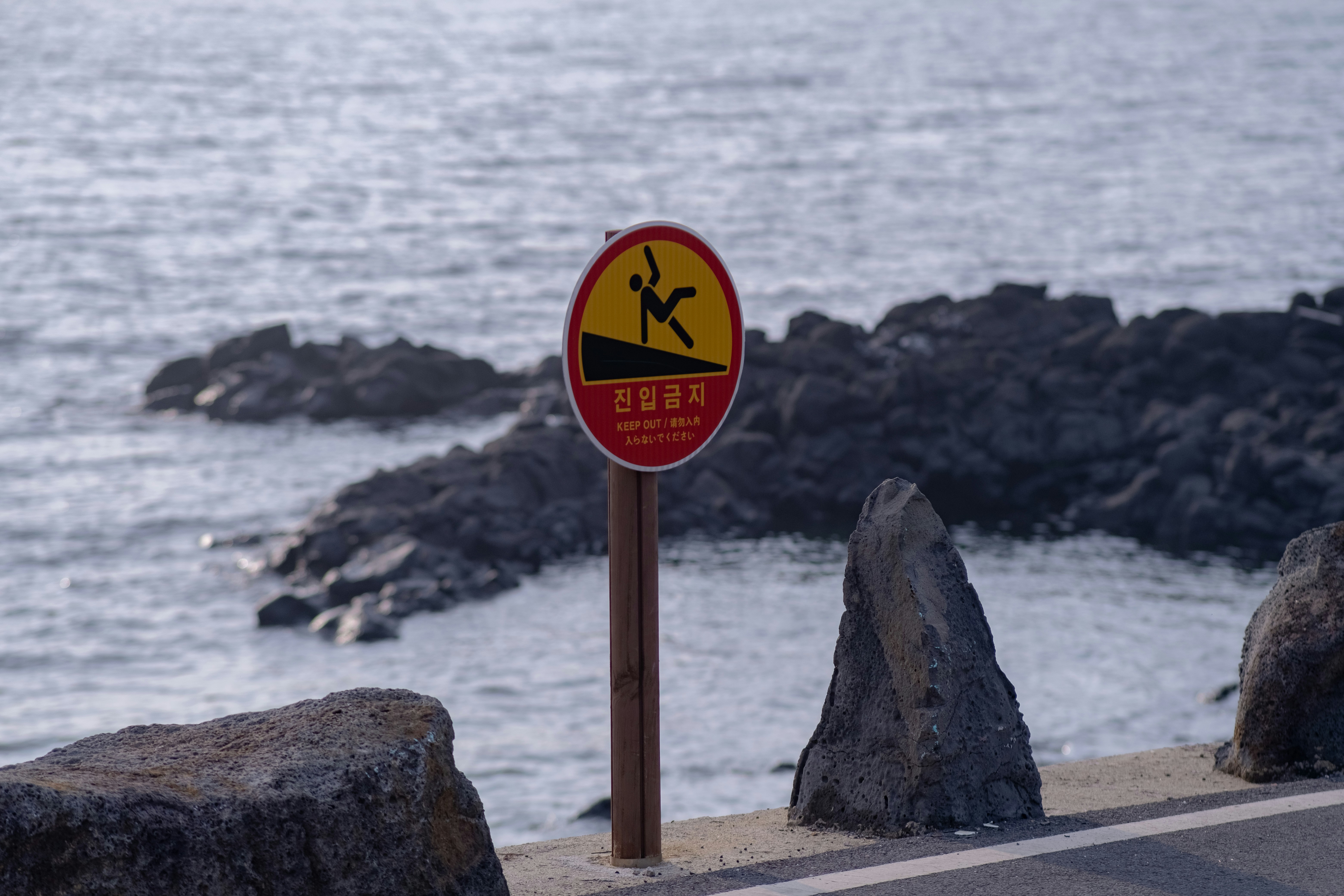 Guarded by the Tide: A Red-Yellow Warning Sign on a Rocky Seaboard