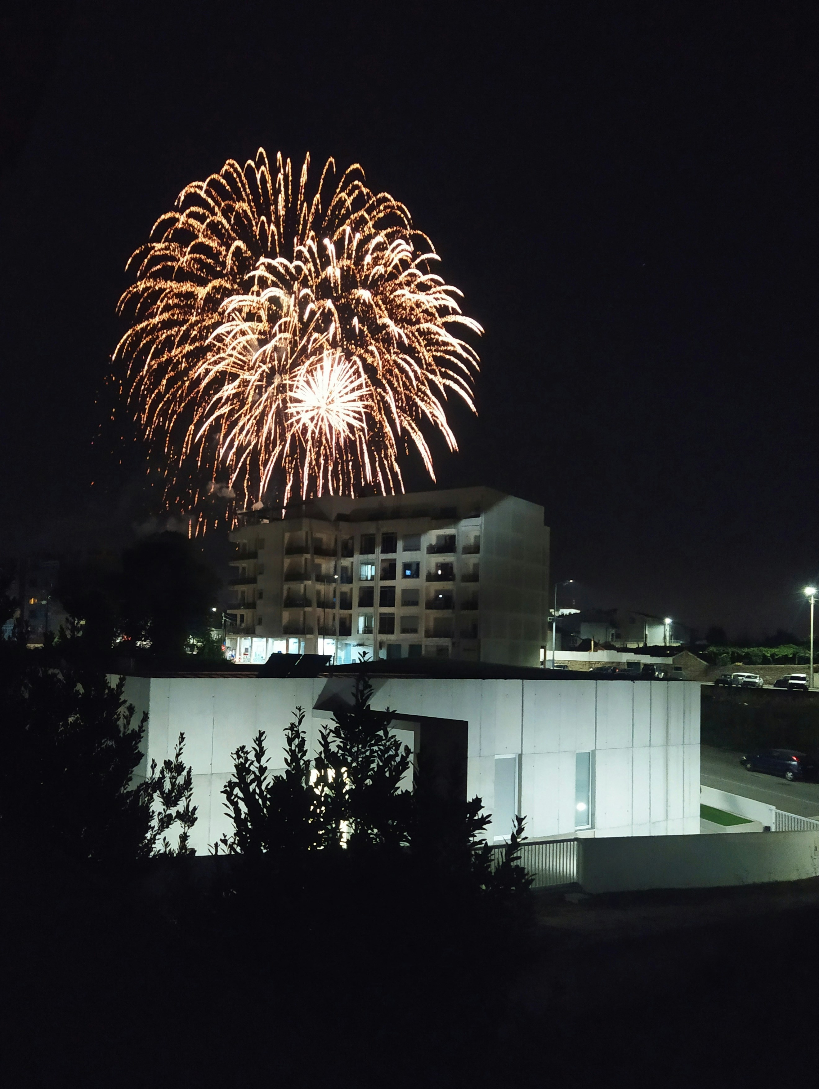 Golden Fireworks Bloom Above a Quiet Apartment Complex at Night