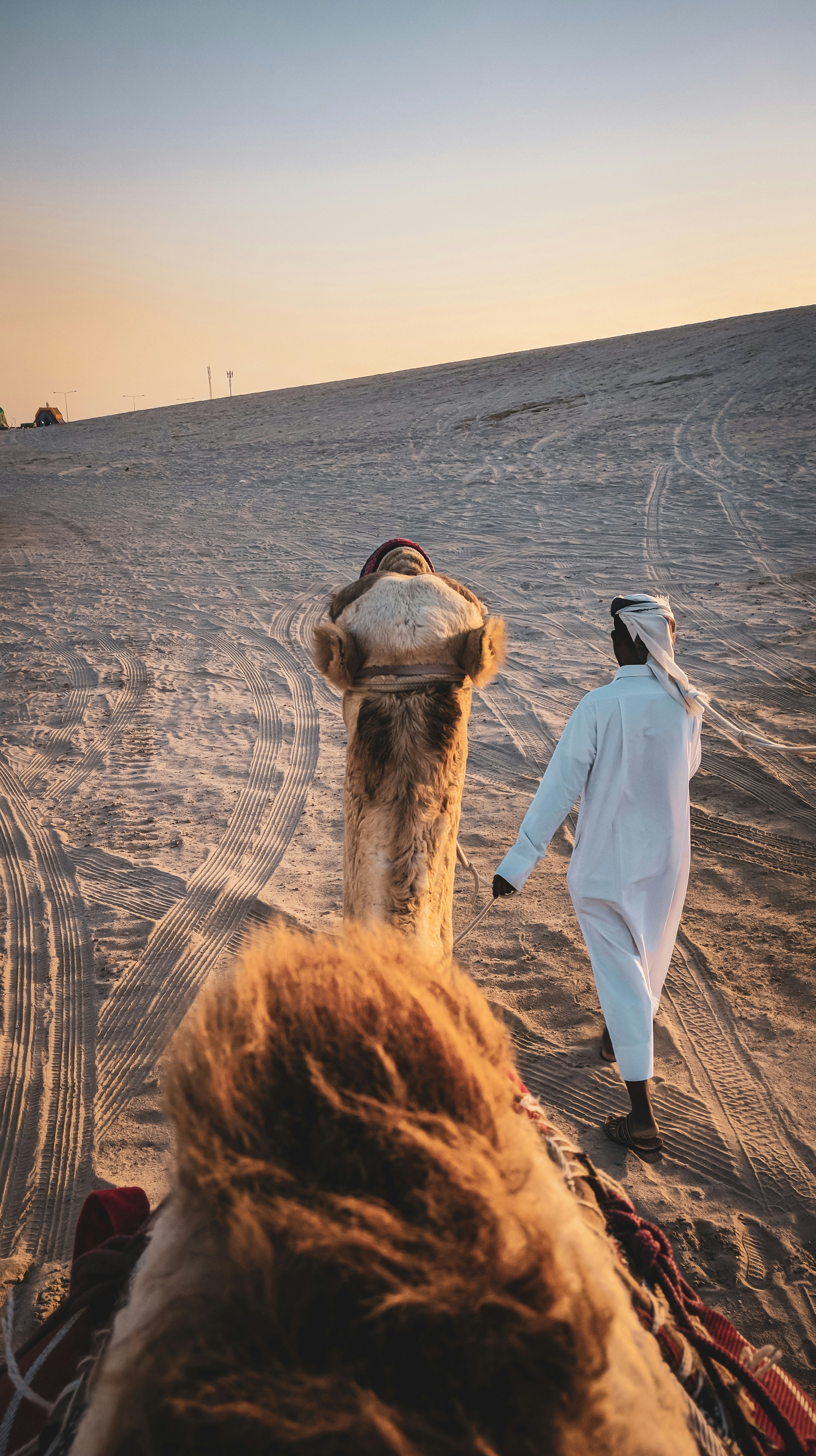 Desert camel ride at sunset with a guide in white robes leading a camel across sunlit sand. Tire tracks curve along the dune as the horizon glows.