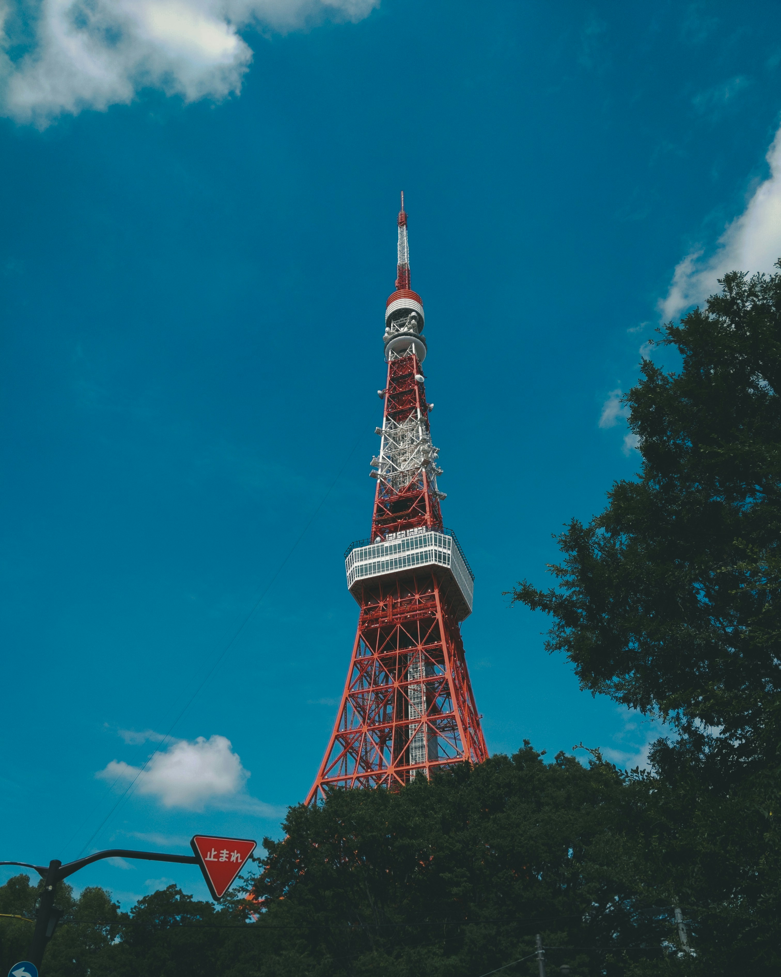 Red-and-white lattice tower rises above treetops against a vivid blue sky.