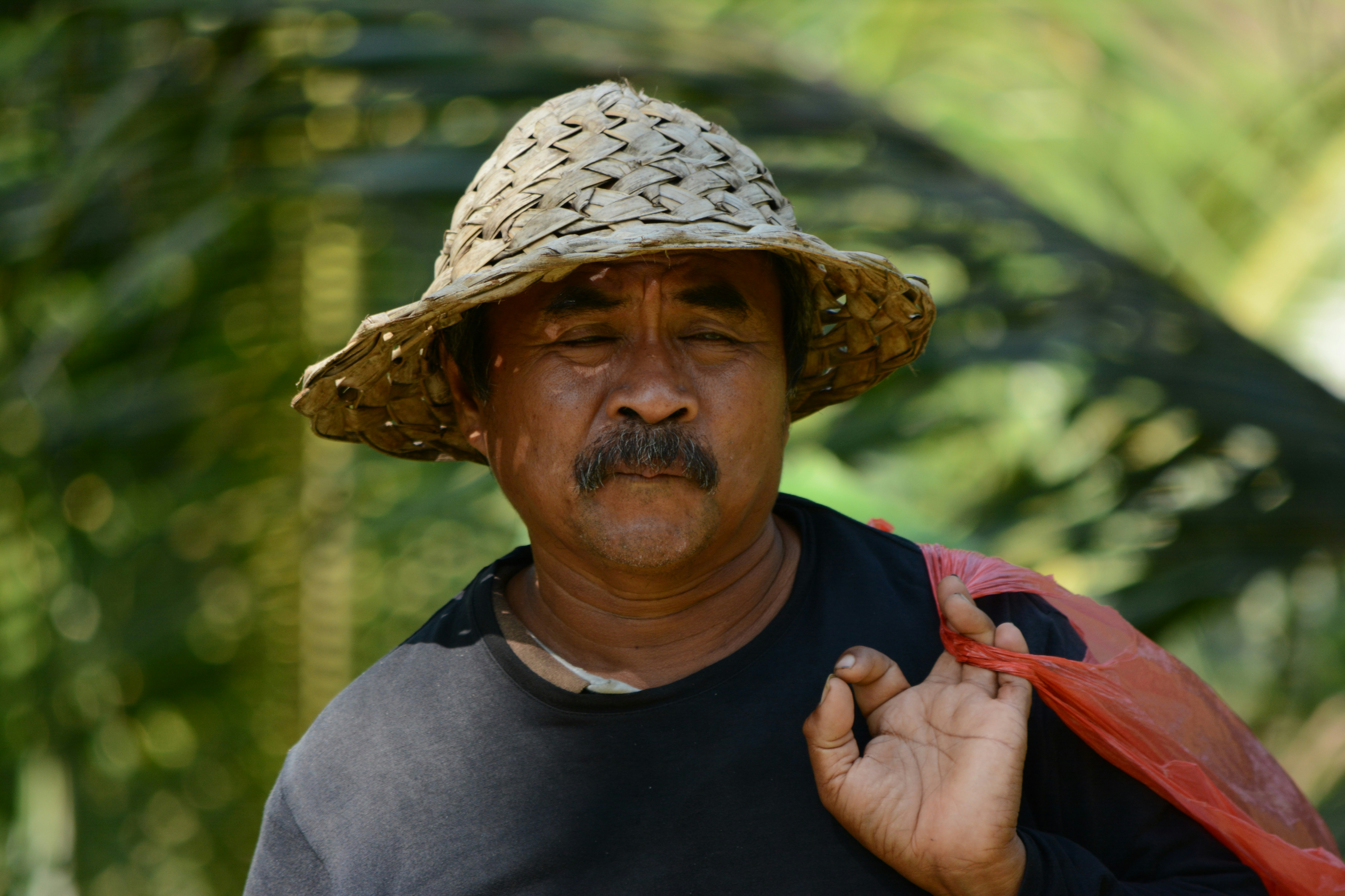 A farmer wearing a straw hat, with a thoughtful expression, stands amidst lush greenery, embodying the spirit of rural life.