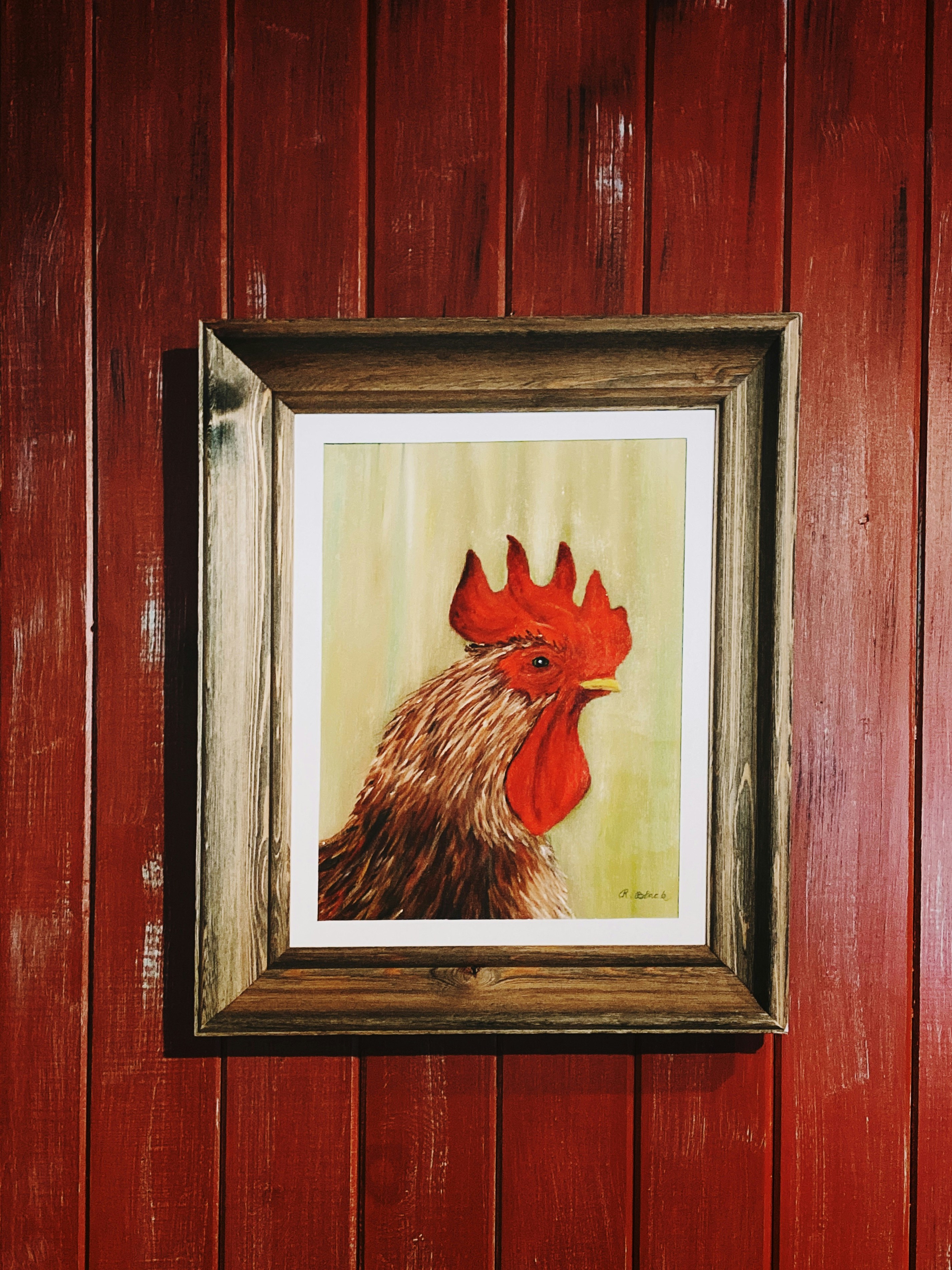 Crimson Crest: Framed Rooster Portrait on Weathered Red Wood