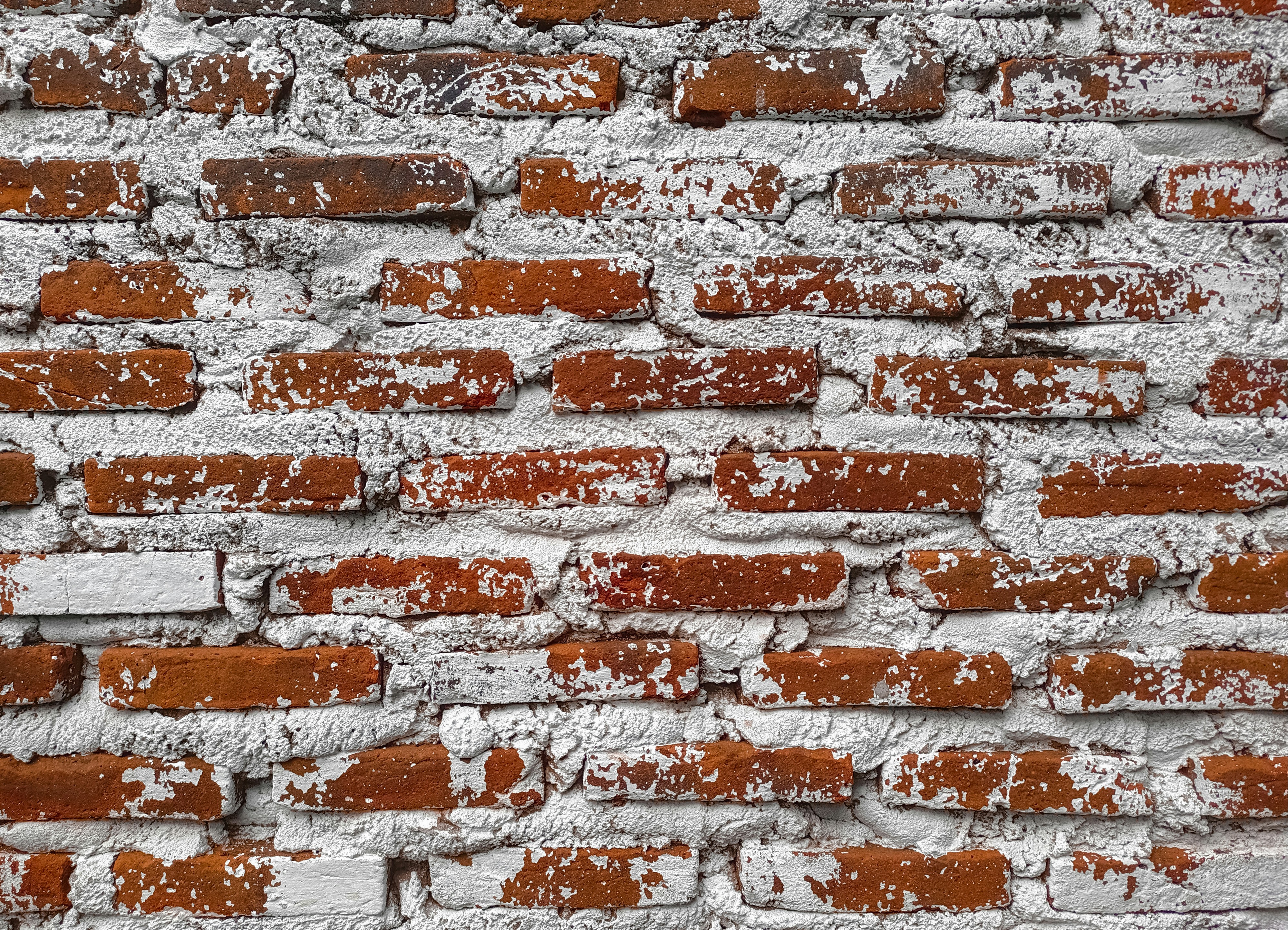 Close-up of a frost-dusted brick wall reveals rough mortar and weathered red bricks.