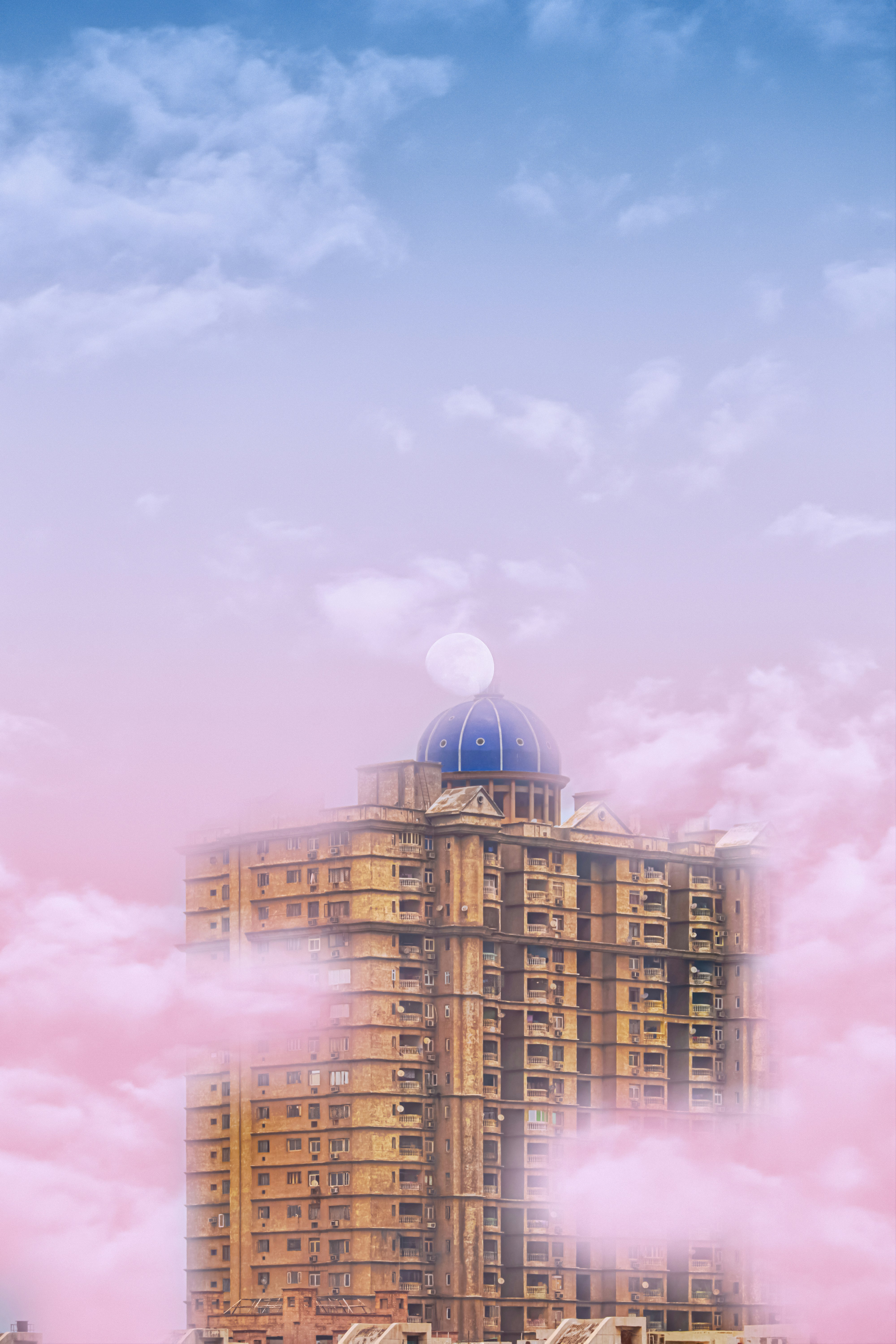 A towering building emerges through soft, pastel clouds, crowned by a blue dome and a glowing orb. The scene evokes a surreal blend of urban life and dreamlike ambiance.