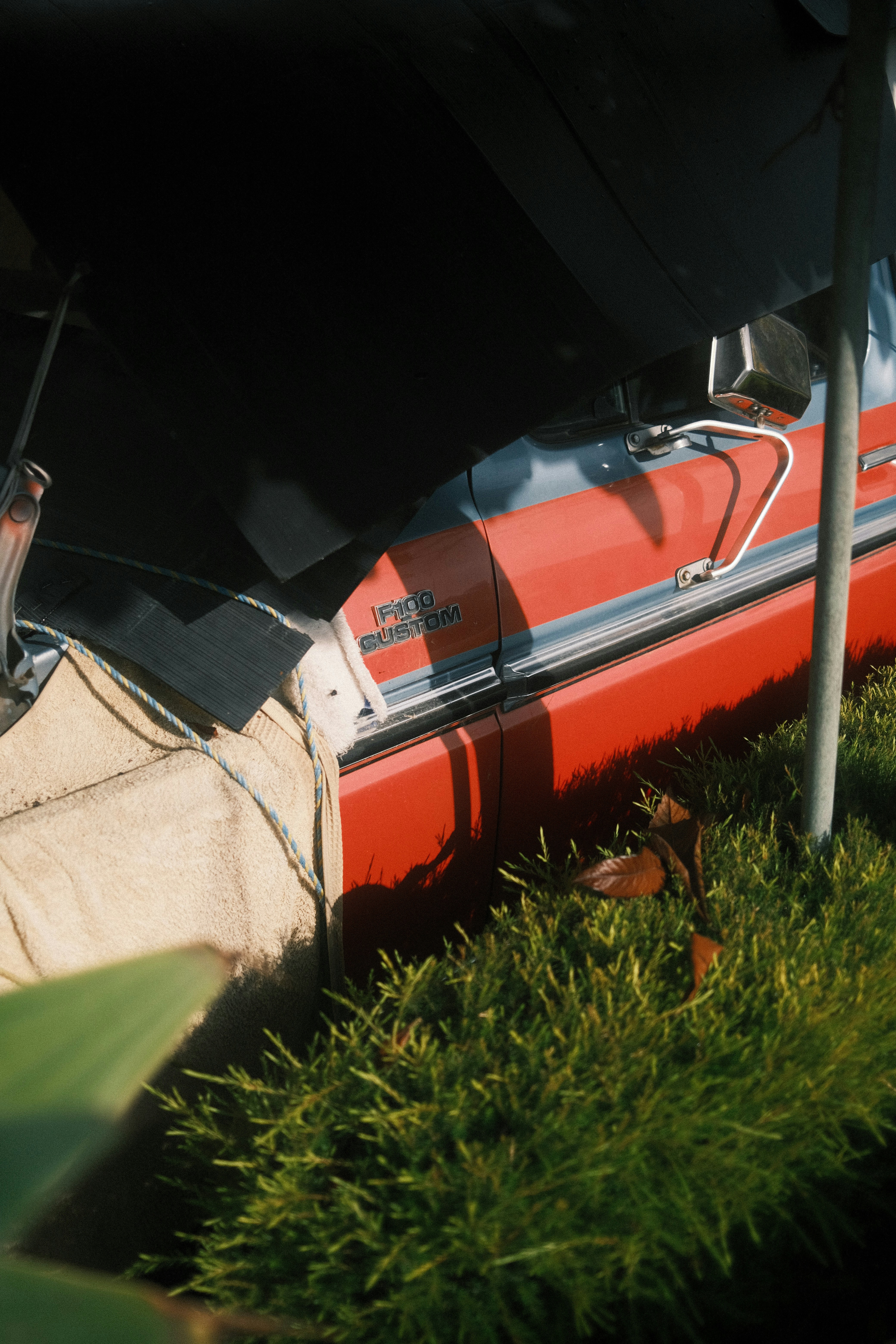 Classic red car partially obscured by foliage and a tarp, showcasing a blend of nostalgia and natural elements.