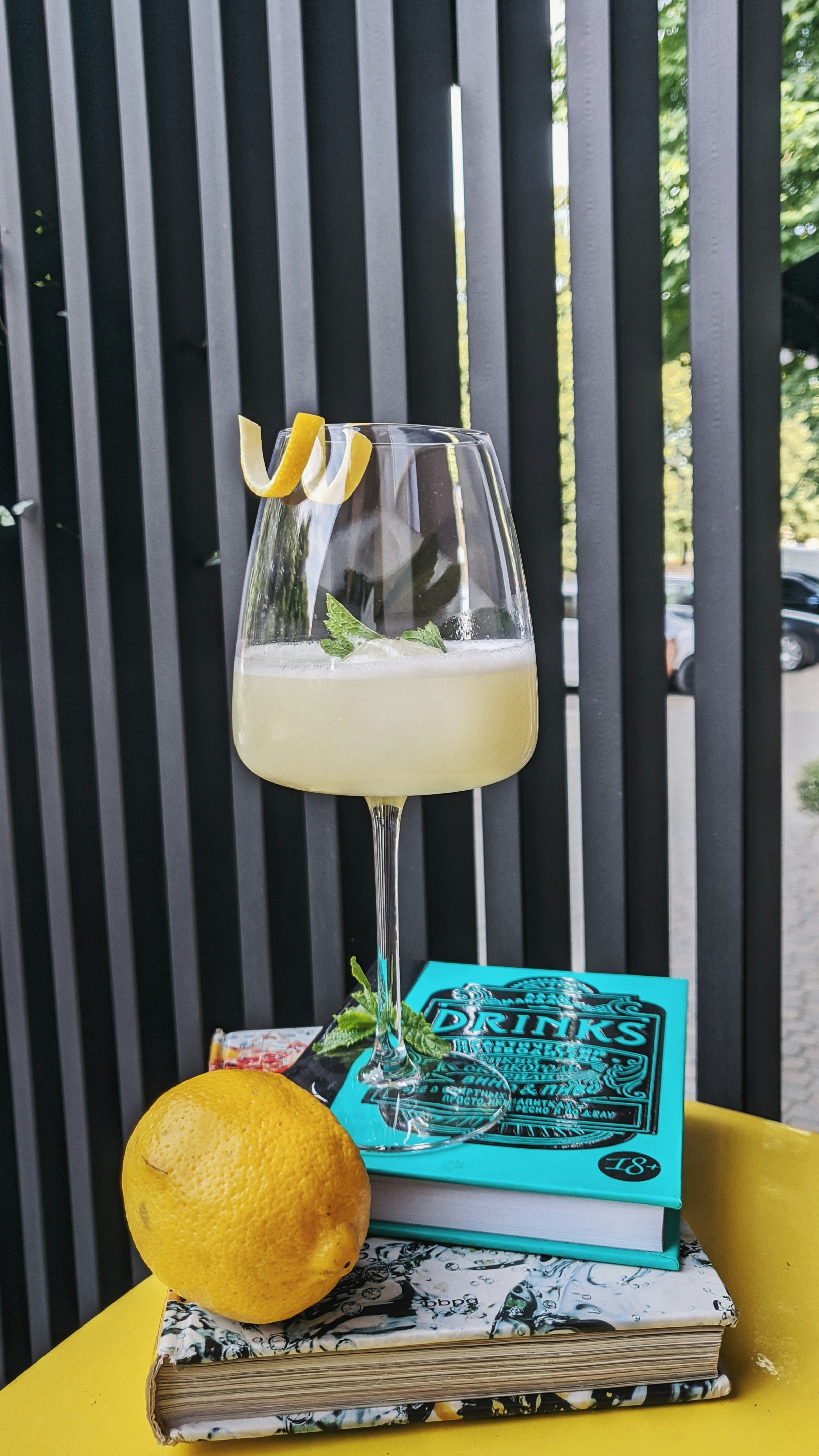 Citrus Soirée: A Mint-Garnished Cocktail Framed by Vertical Slats