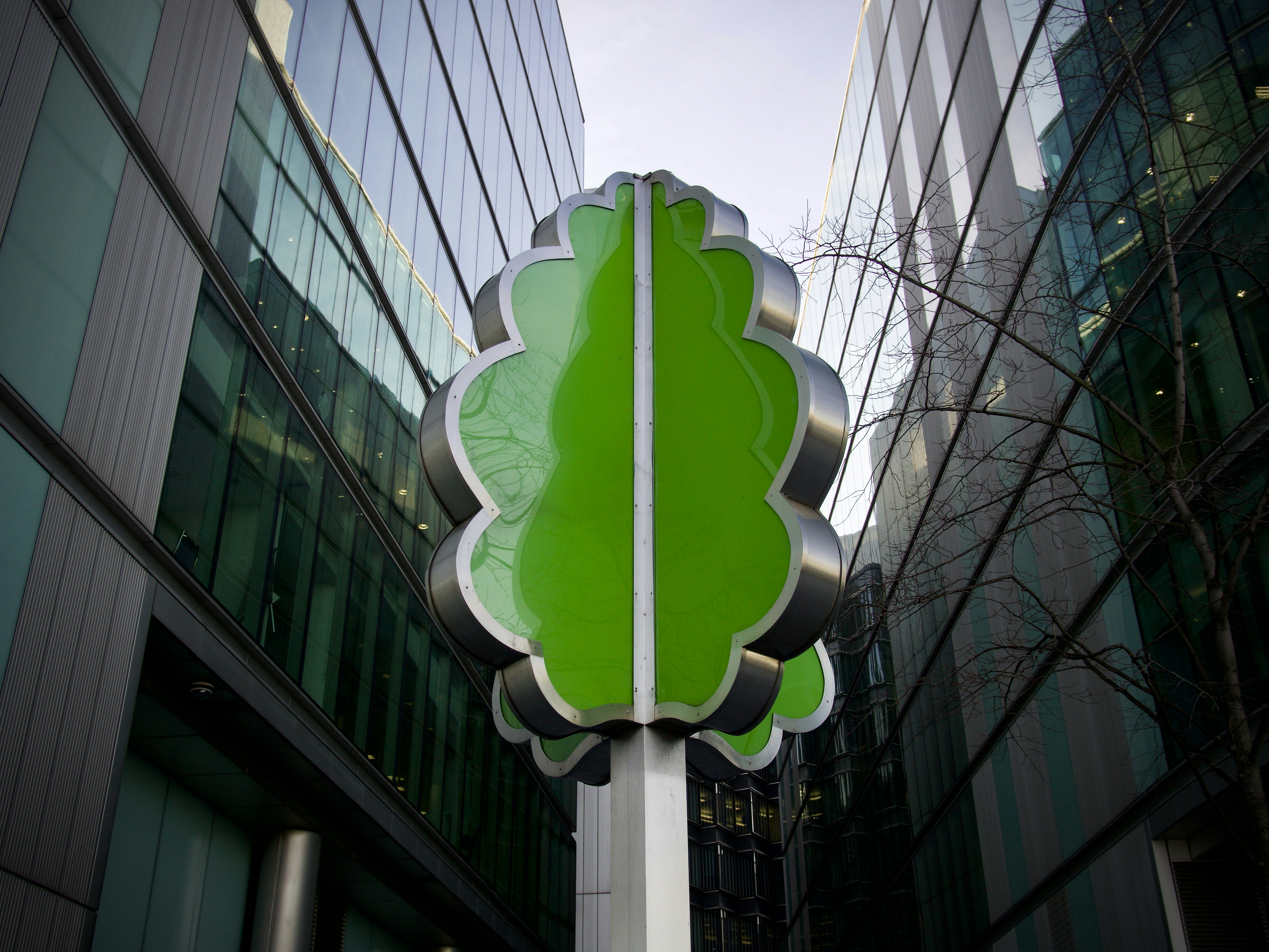 A bold green tree-logo mounted on a tall pole sits between glass office towers, framing an urban canyon.