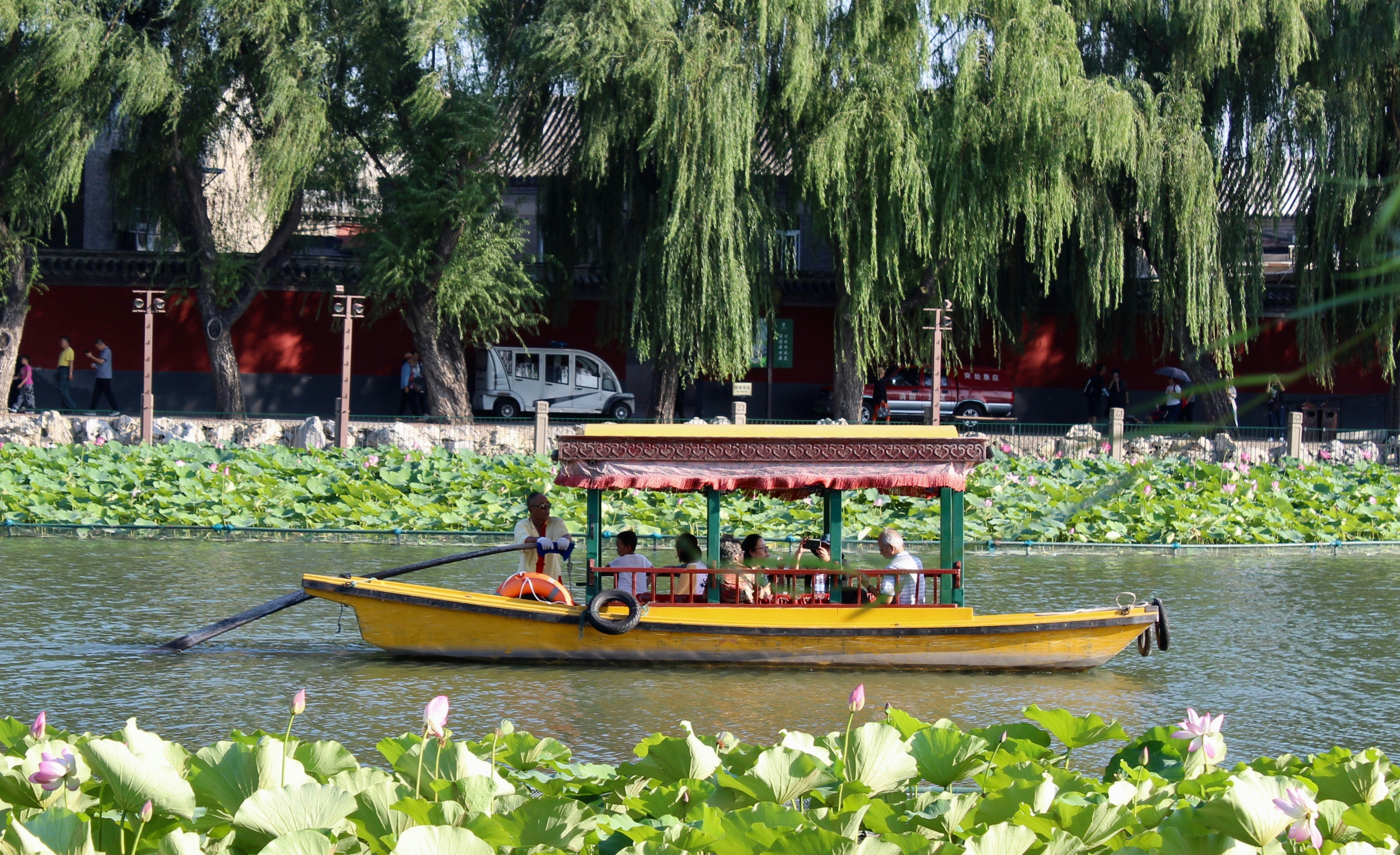 Traditional wooden boat gliding through a serene lake adorned with blooming lotus flowers, surrounded by lush greenery and distant structures.