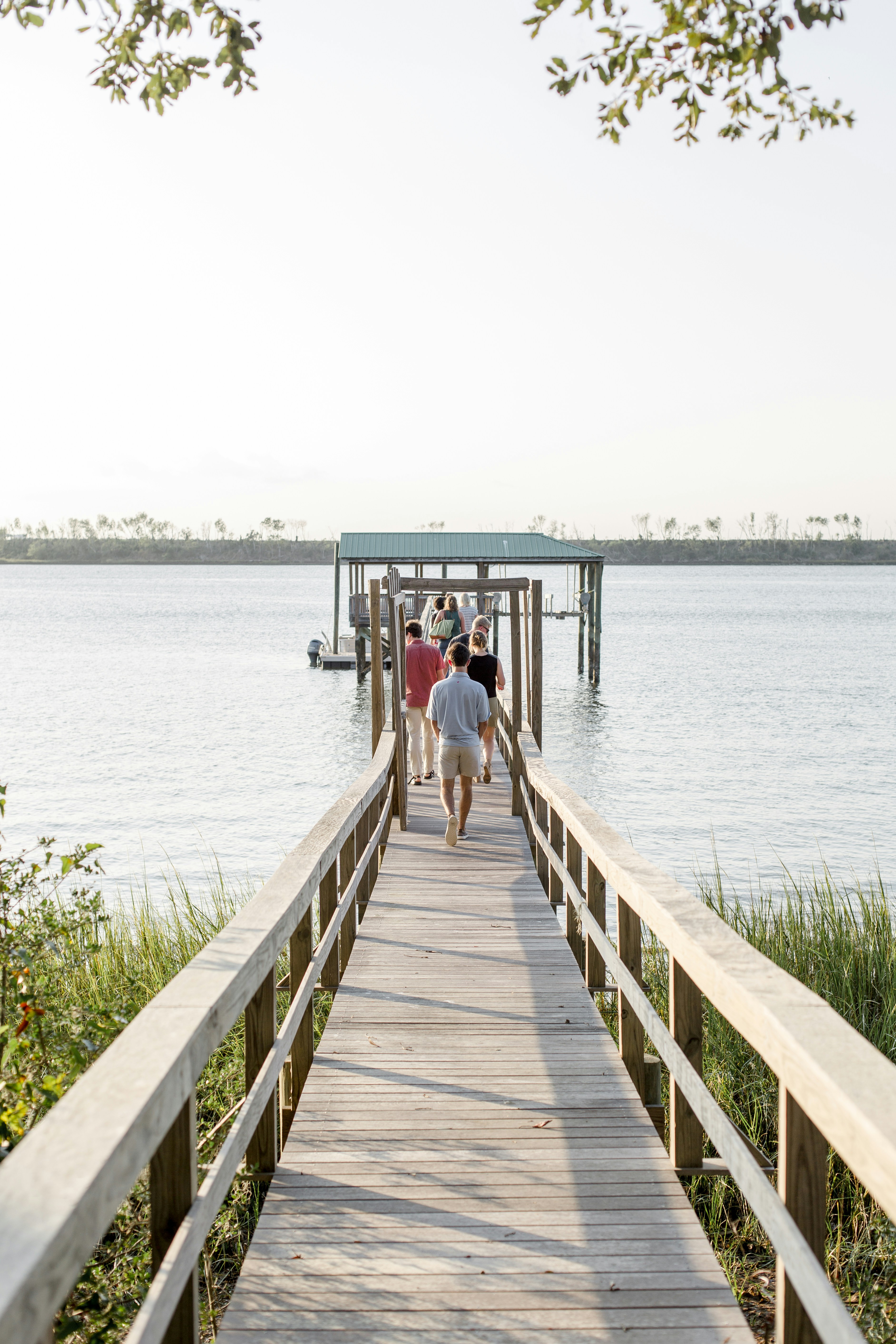 Group of people walking along a wooden dock leading to a serene body of water, framed by lush greenery.