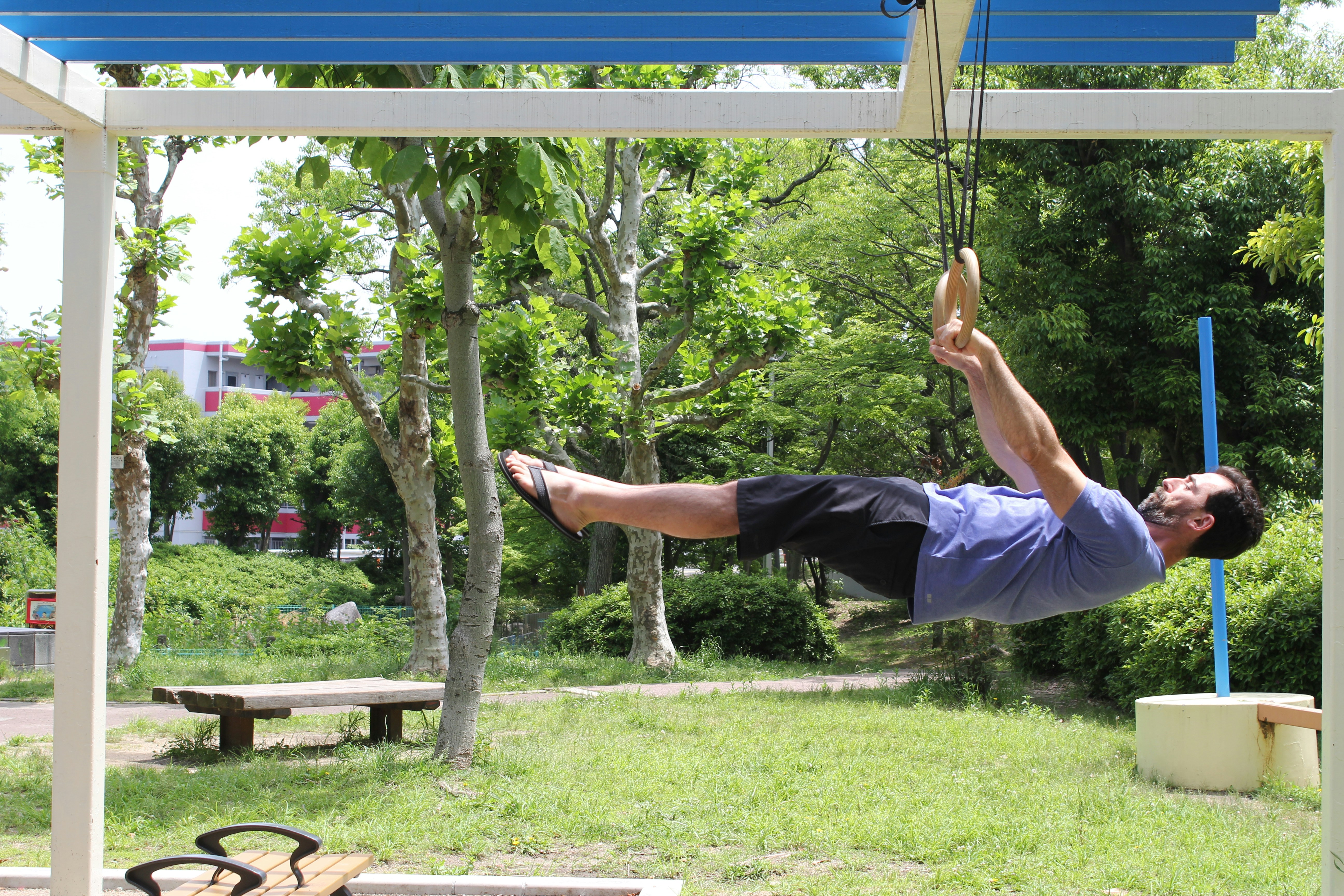 A man swings on gymnastic rings in a sunlit park, surrounded by greenery and modern structures.