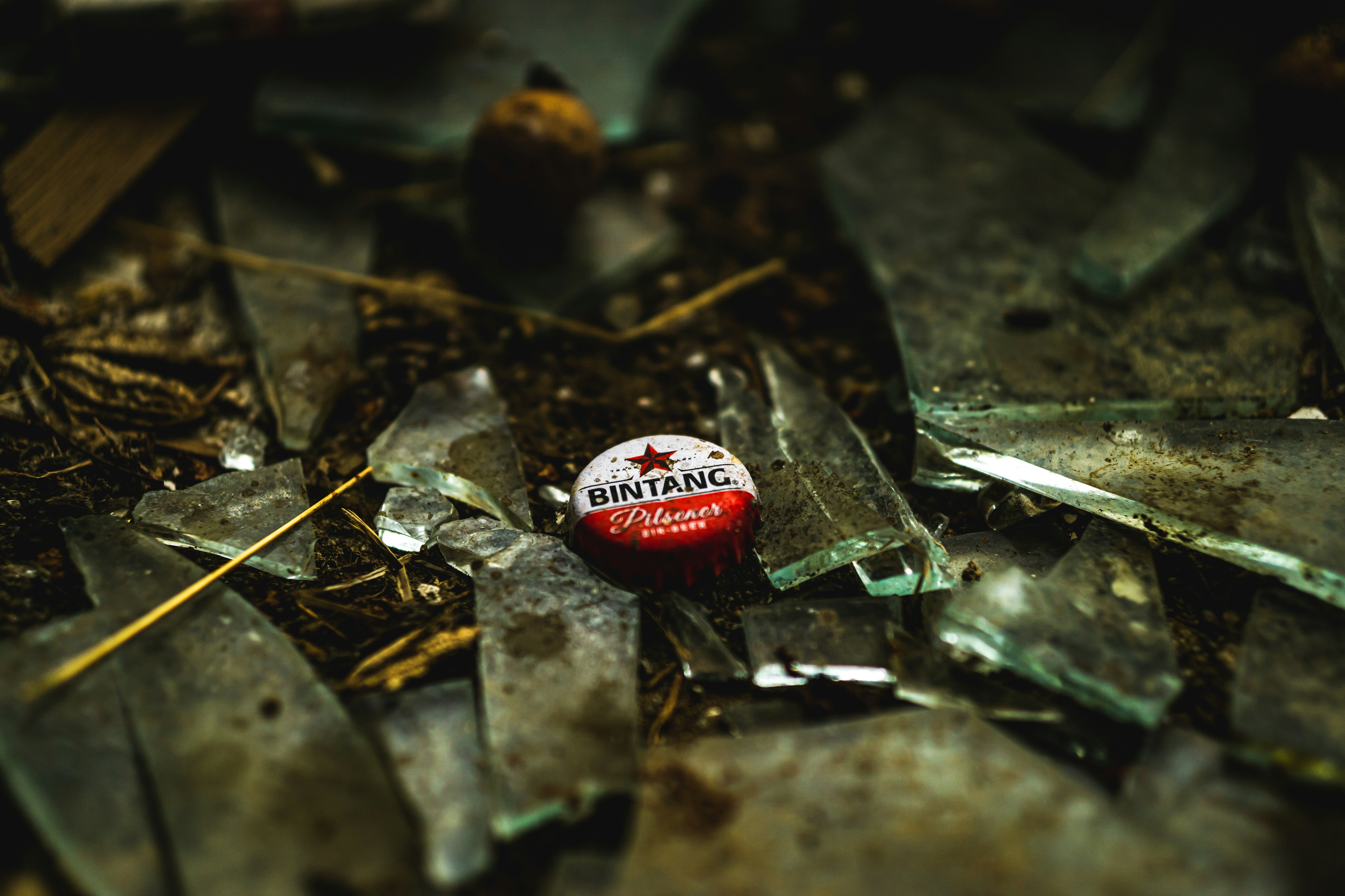 Shattered Ground, Centered Bottle Cap: A Quiet Remnant of Craft Beer in Debris