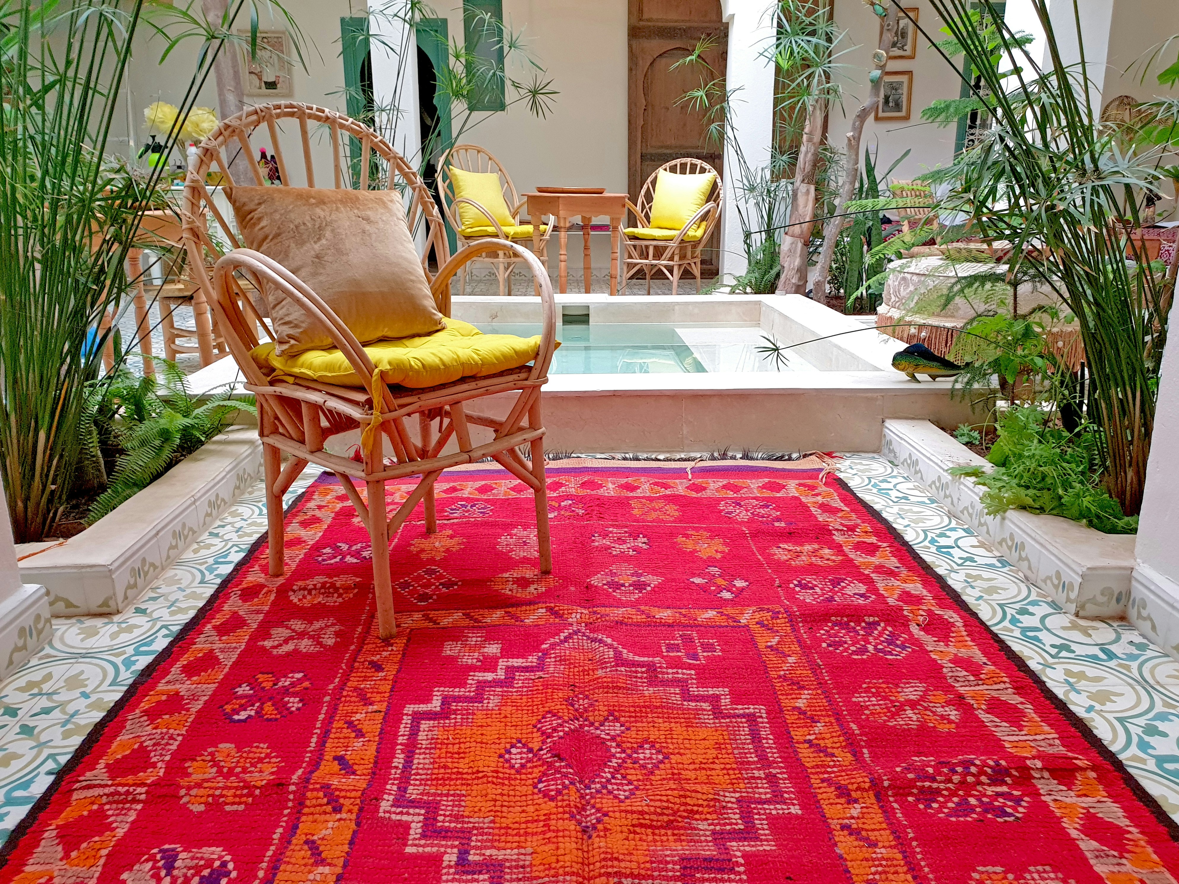 Sunny Courtyard Lounge with Colorful Kilim Pathway