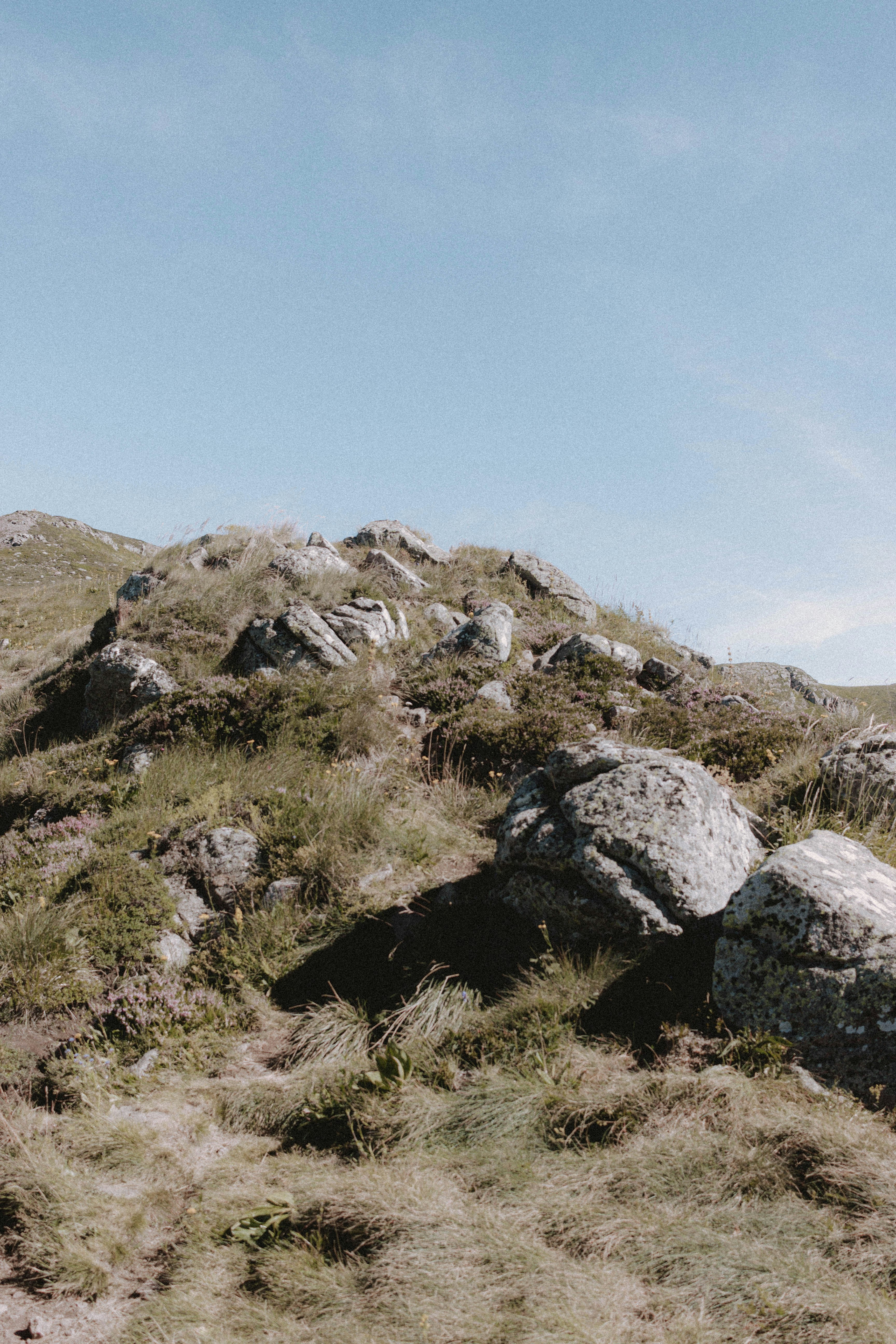 A rugged outcrop of rocks adorned with patches of grass and heather, set against a clear blue sky.
