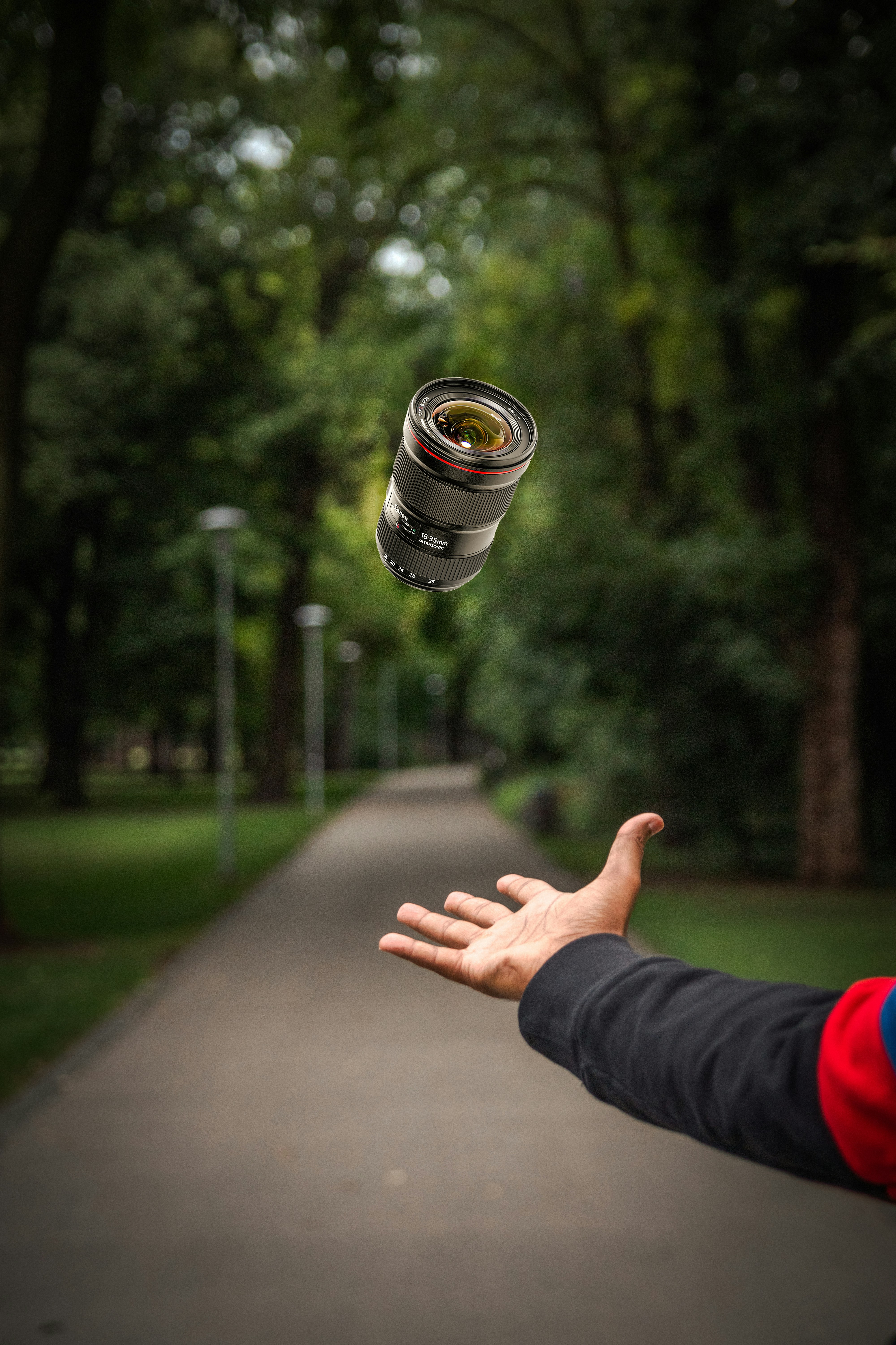 Hovering Lens over the Park Path: A Moment of Suspended Motion