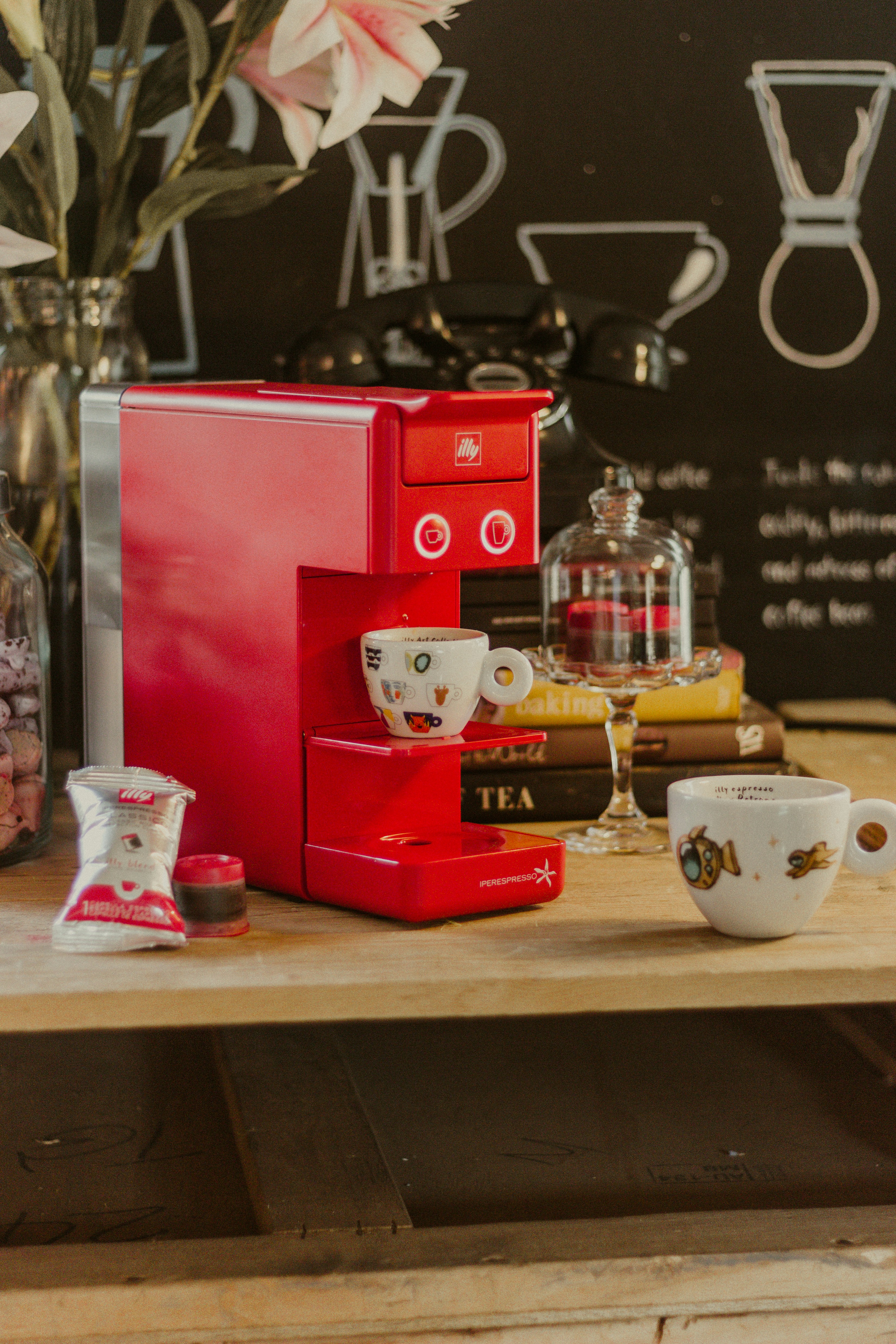 Crimson Mini Espresso Station: Steam, Cups, and Chalkboard Whispers