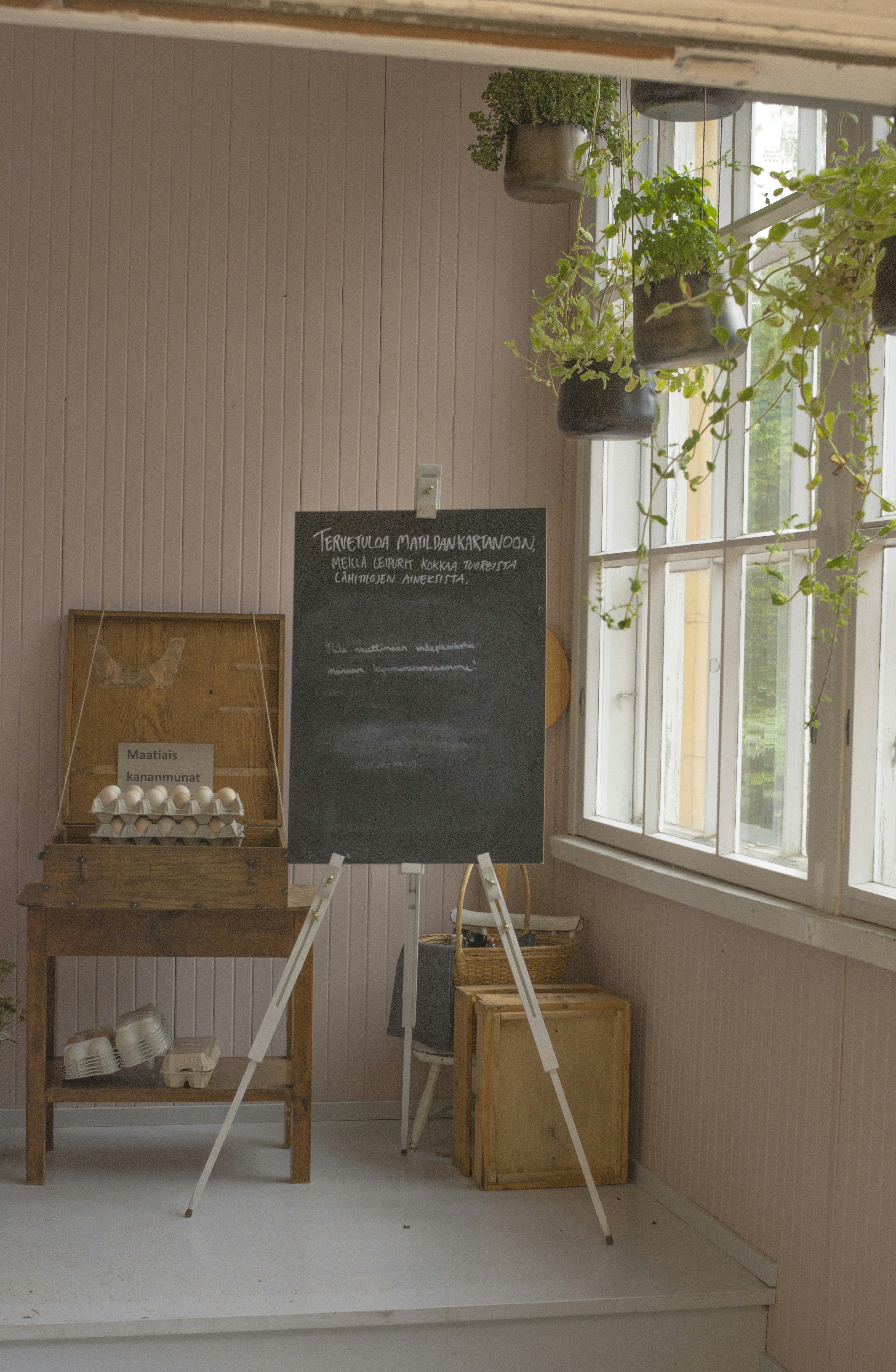 Sunlit Chalkboard Corner in a Cozy Studio Kitchen