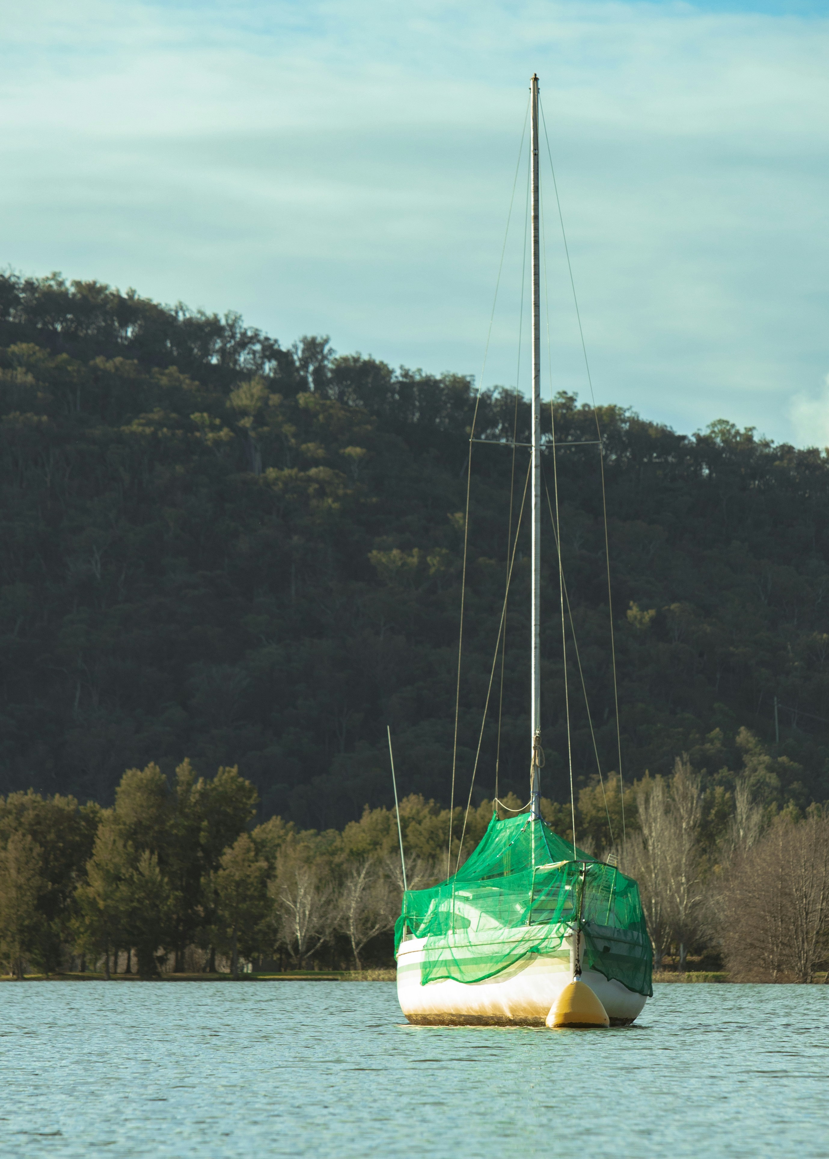 Green-netted Sailboat Quietly Anchored Before Forested Hills