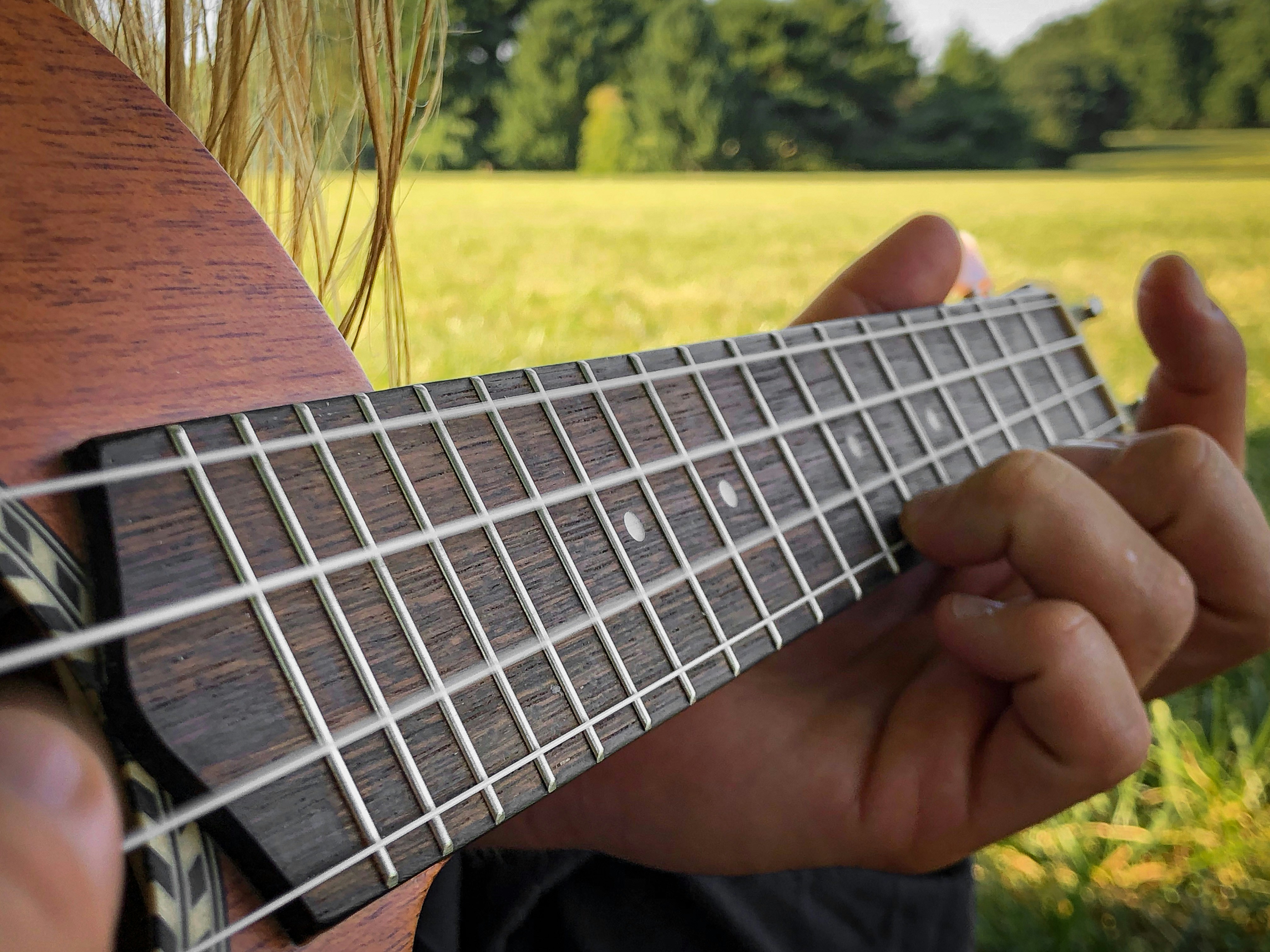 Meadow Strings: A Close-Up of Fingers Navigating Sunlit Frets