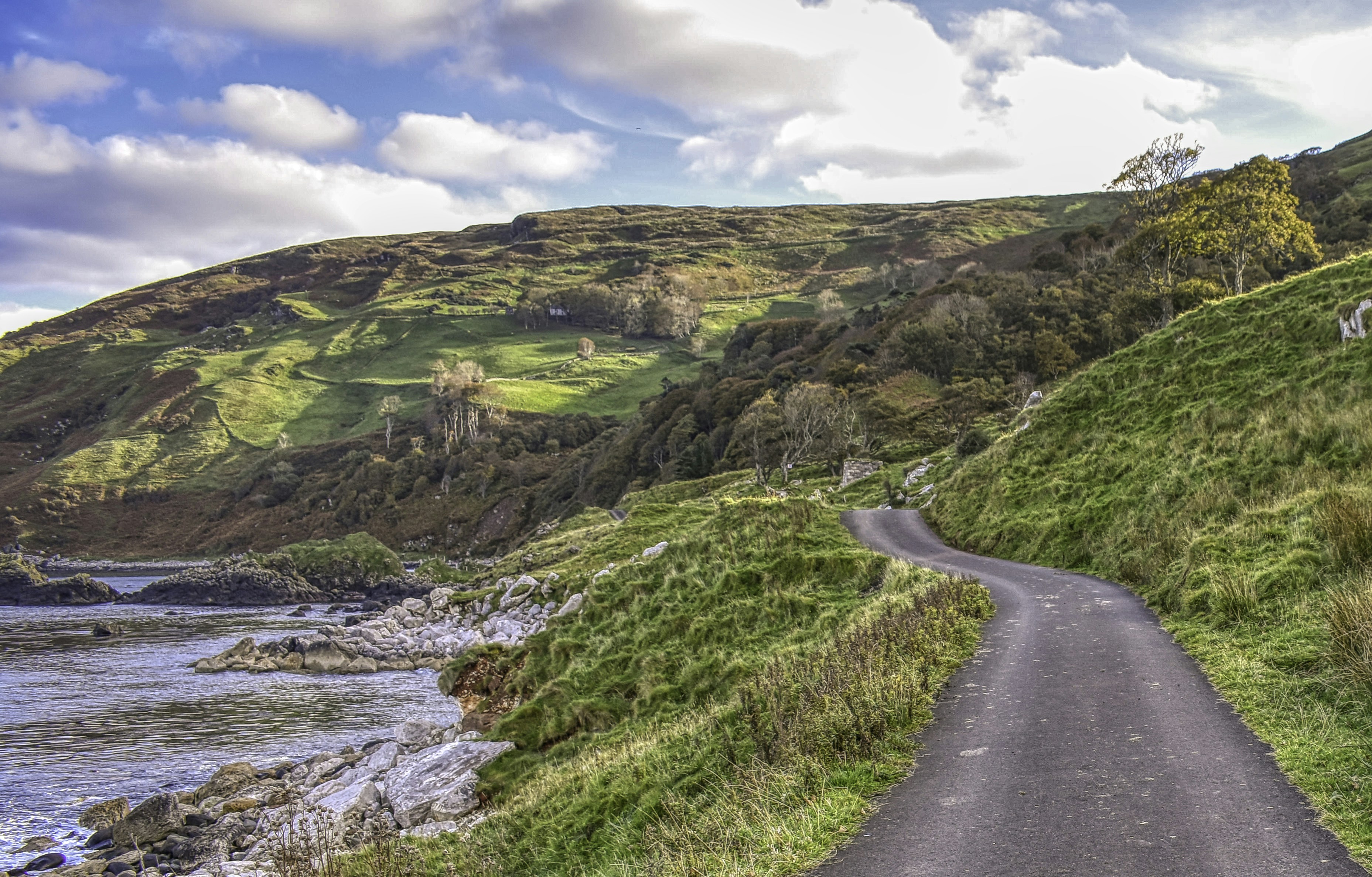 A winding road meanders through a vibrant green landscape, flanked by rocky shores and gentle waves under a partly cloudy sky.