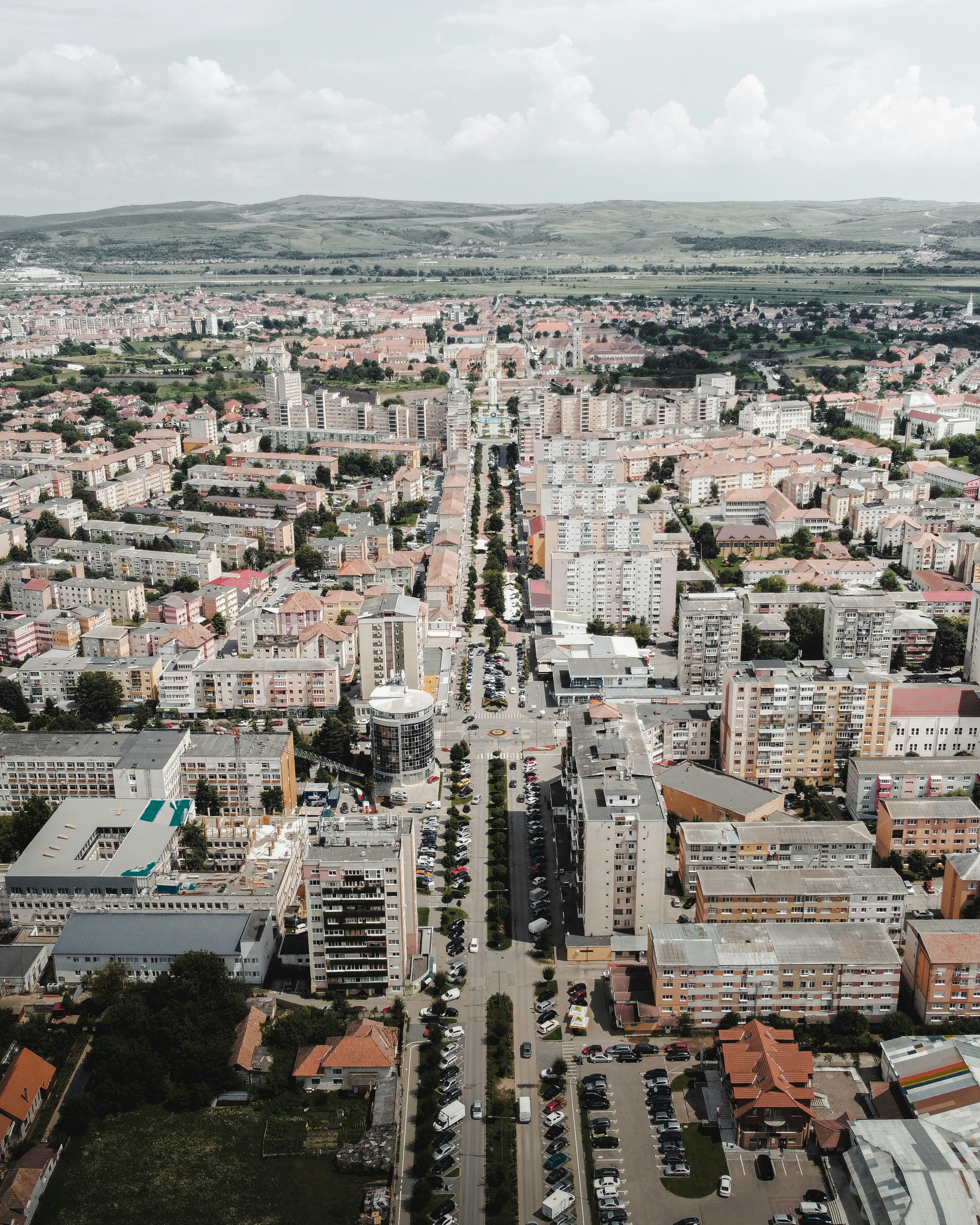 Aerial perspective showcasing a sprawling urban landscape with residential buildings and a central avenue lined with trees and parked cars.