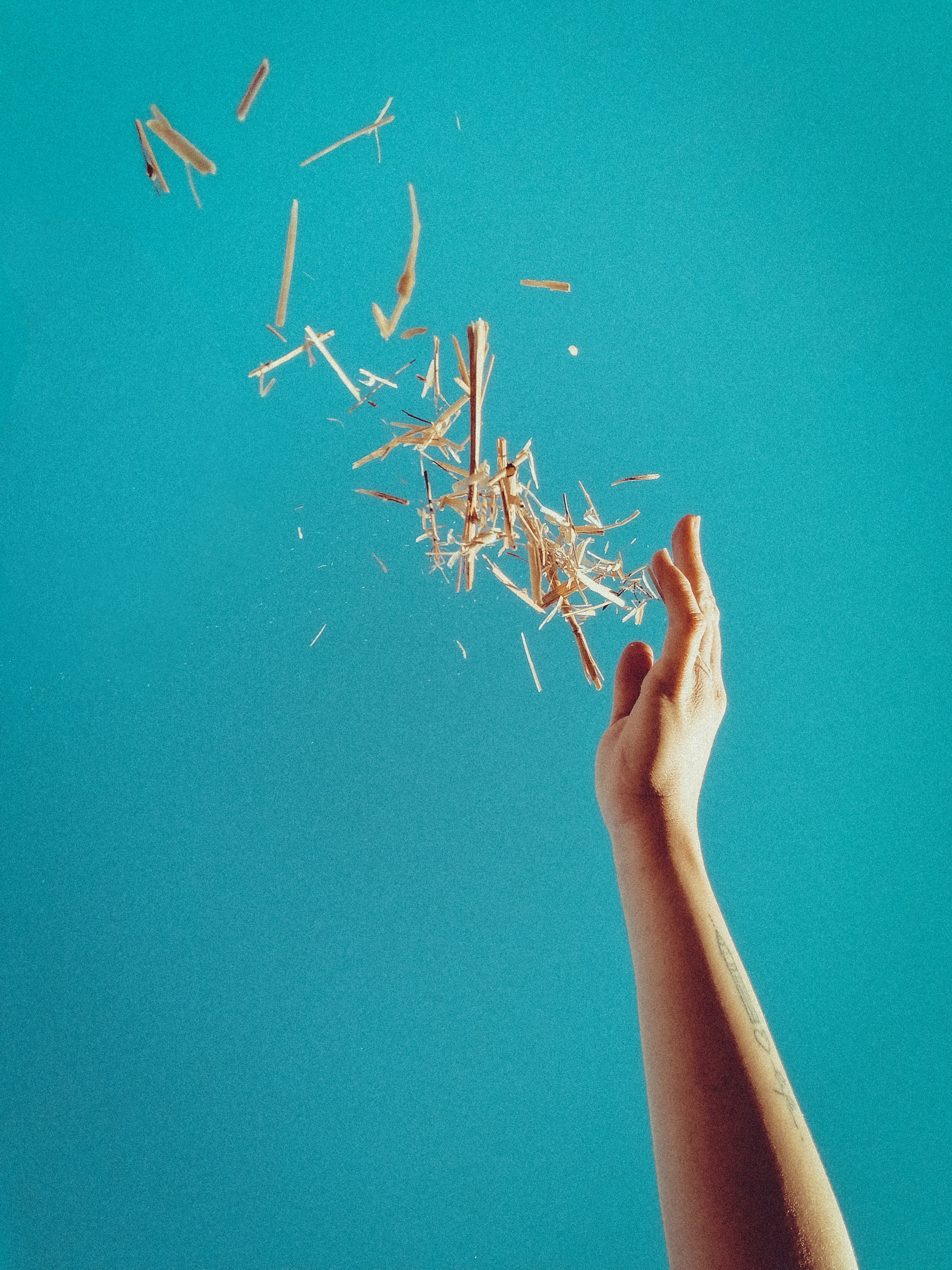Forearm and hand release a spray of wood shavings against a vivid turquoise sky. The motion is captured mid-toss, emphasizing the contrast between warm wood tones and the cool blue background.