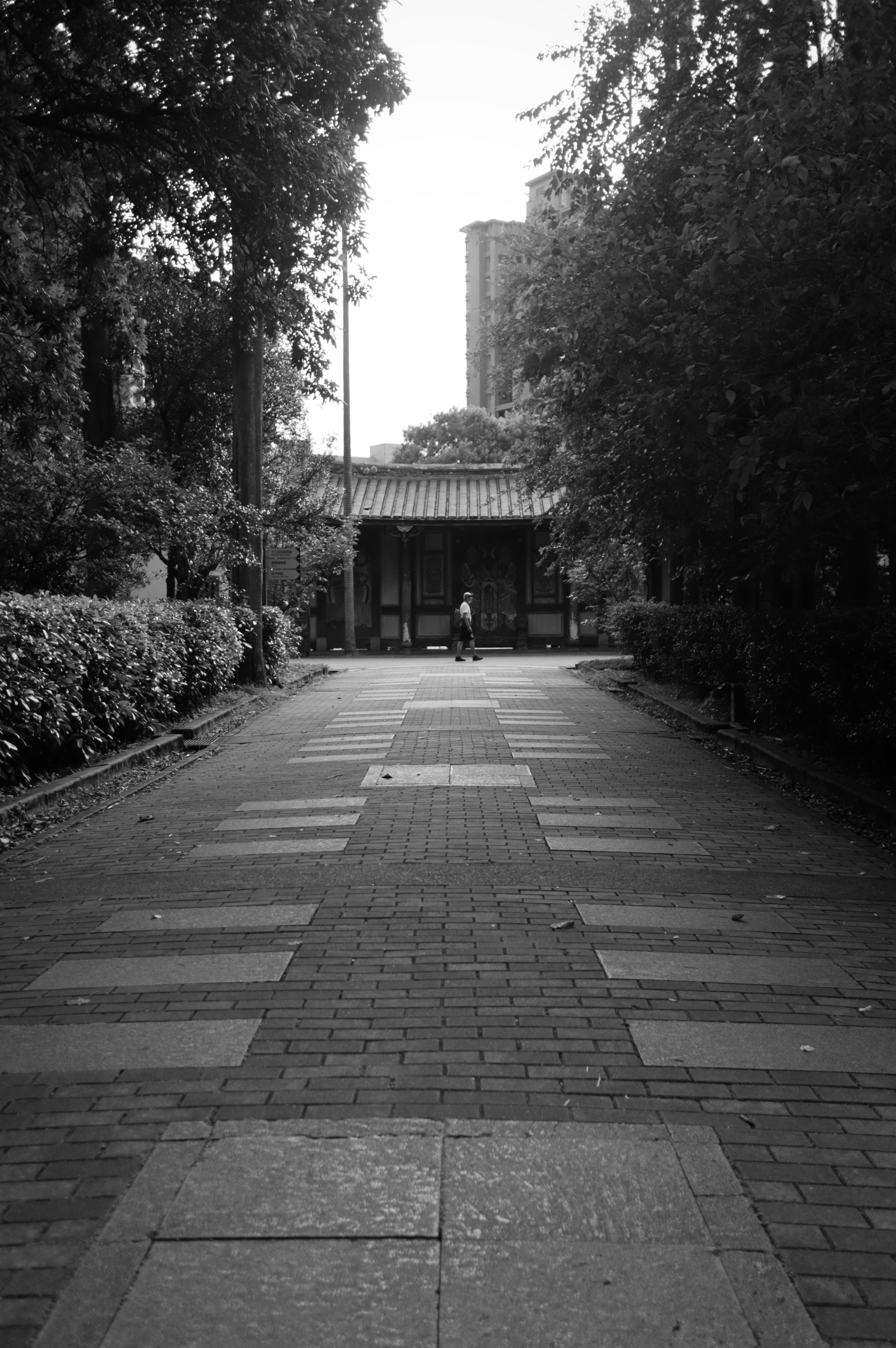 Lone Figure on a Bricked Path Toward the Gatehouse