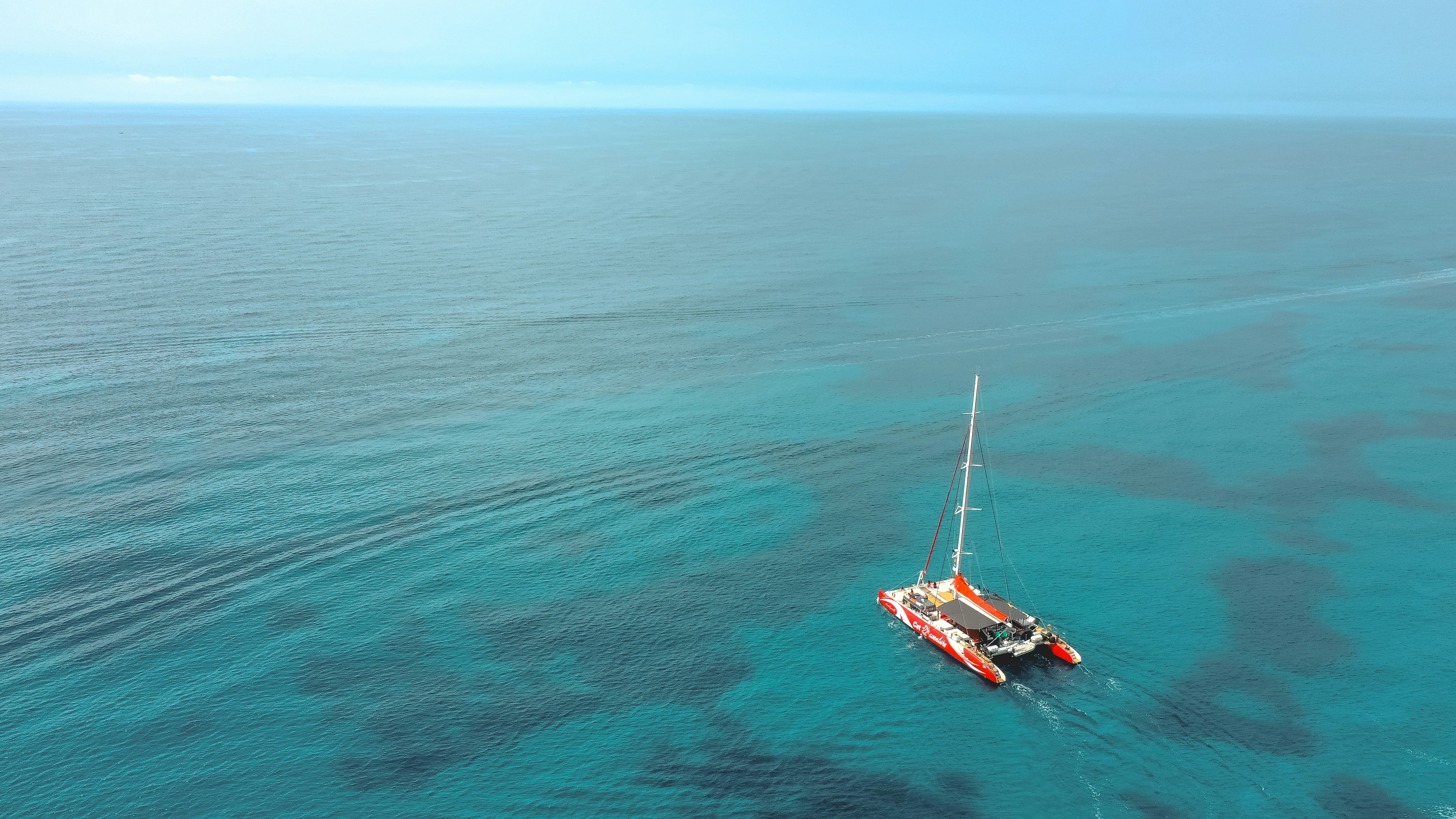 A vibrant catamaran glides across the turquoise waters, leaving gentle ripples in its wake under a clear sky.