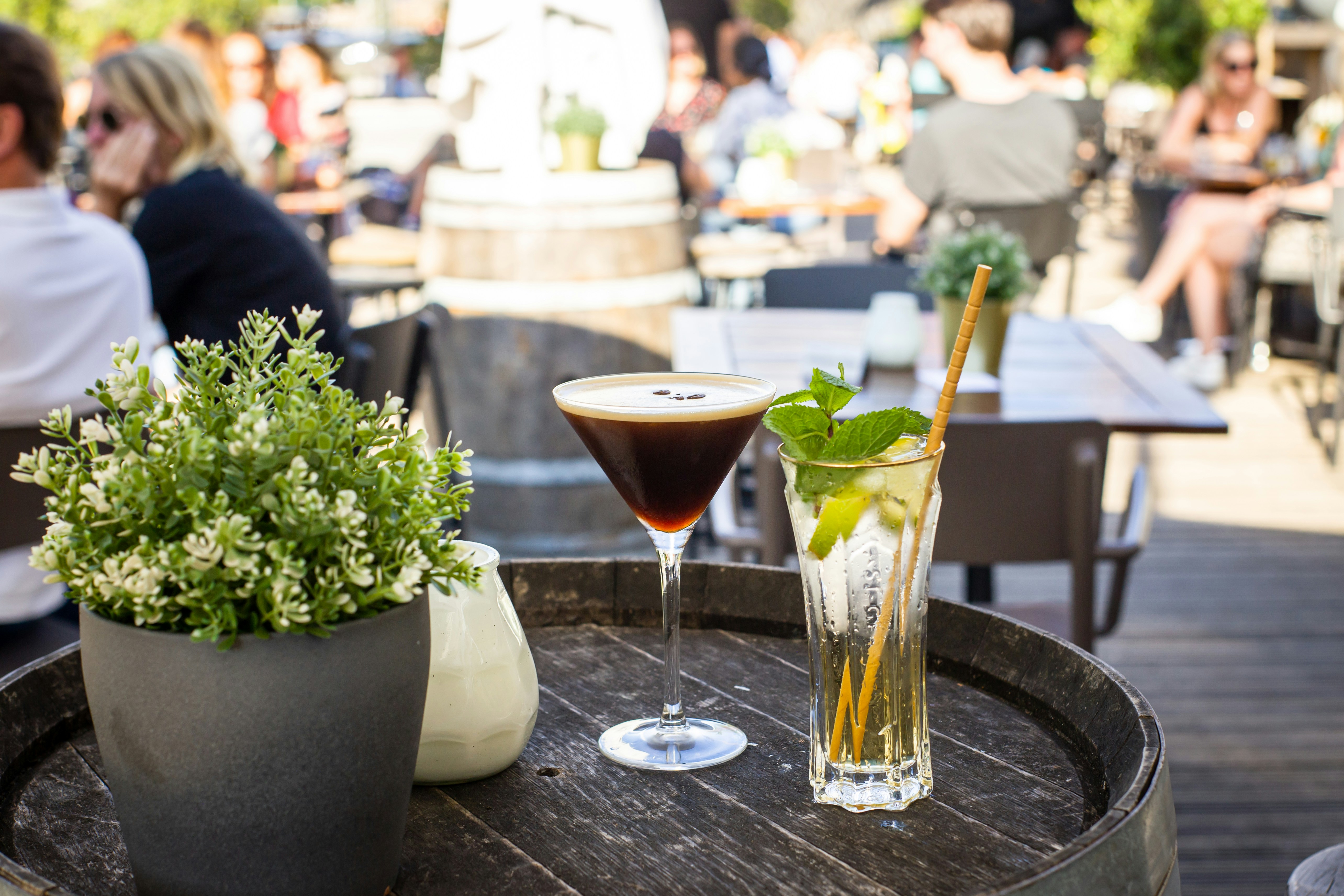 Cocktail Conversations in Sunlit Courtyard