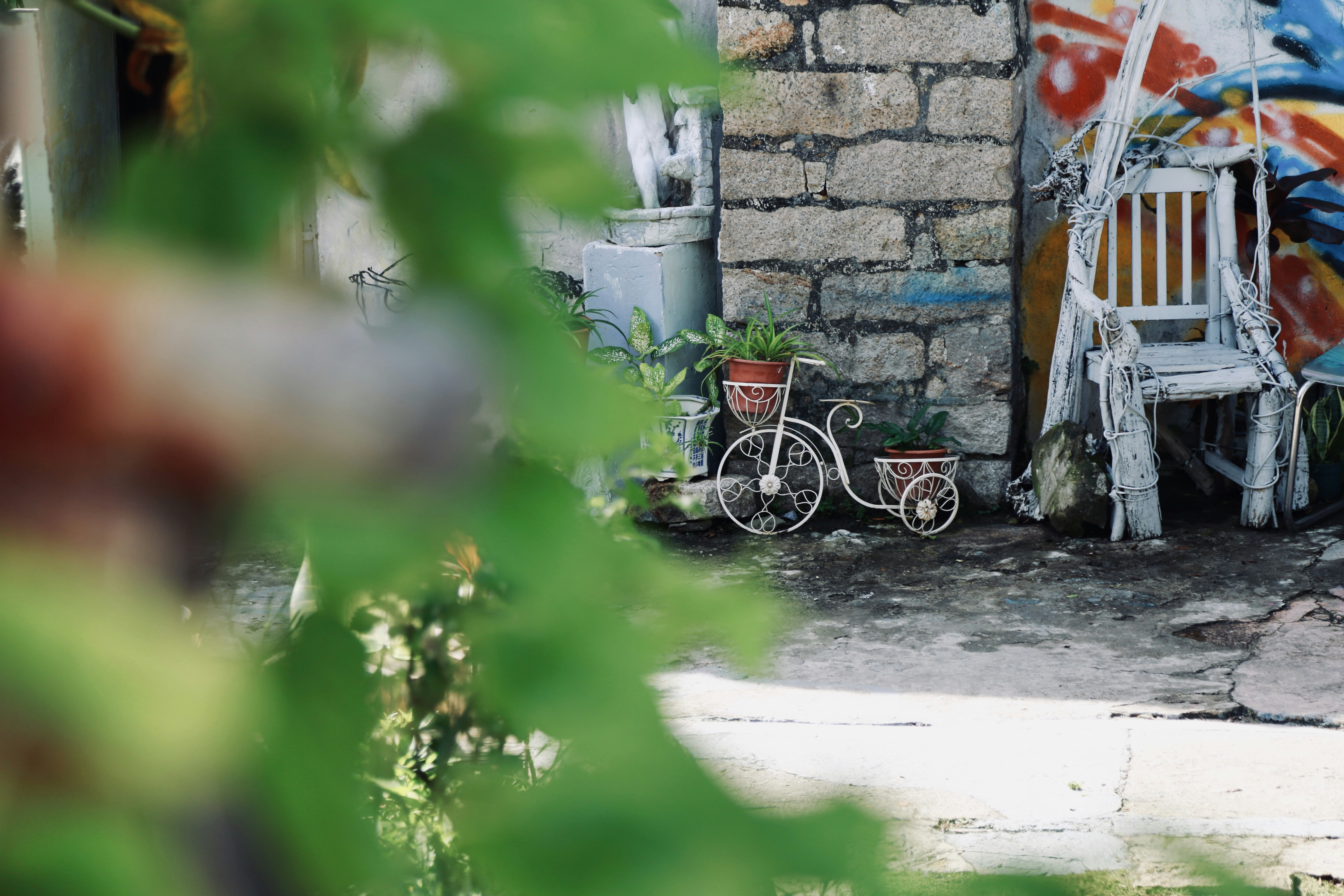 Charming metal bicycle planters adorned with greenery beside a textured stone wall, complemented by colorful graffiti in the background.