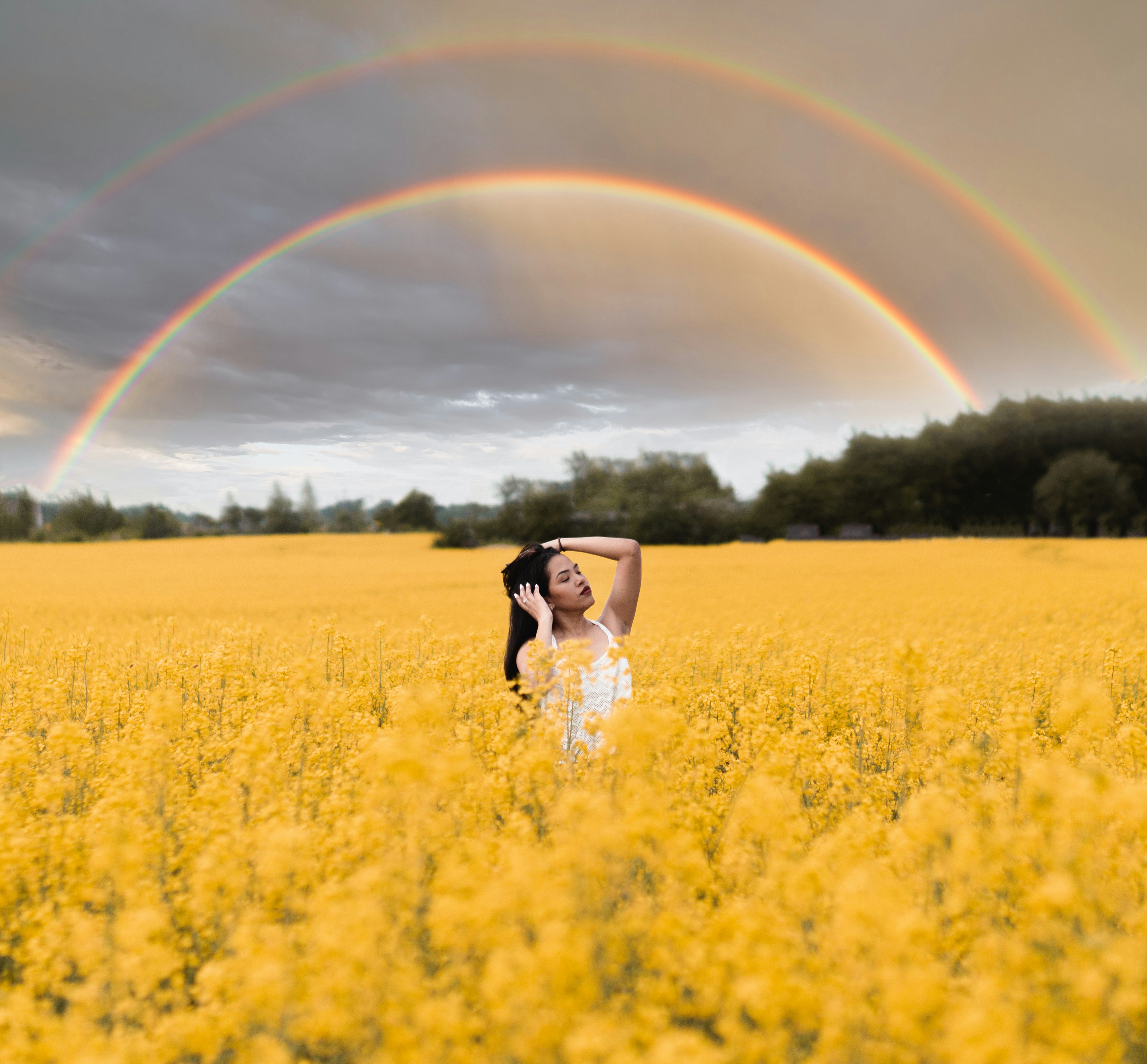 Mujer en vestido blanco en campo de flores amarillas bajo cielo azul con arco iris durante el ...